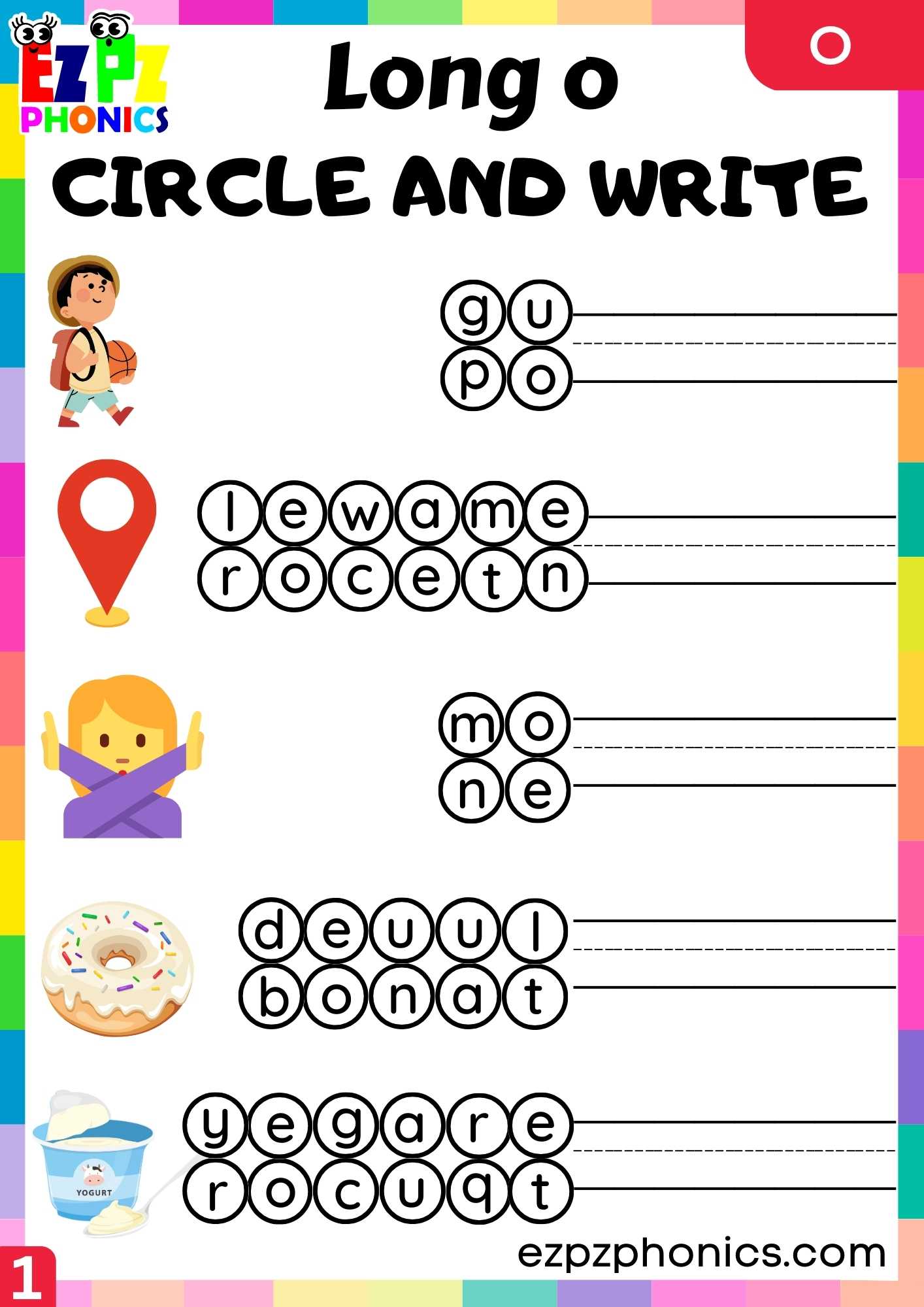 Group1 O Words Circle And Write Long O Phonics Worksheet - ezpzphonics.com