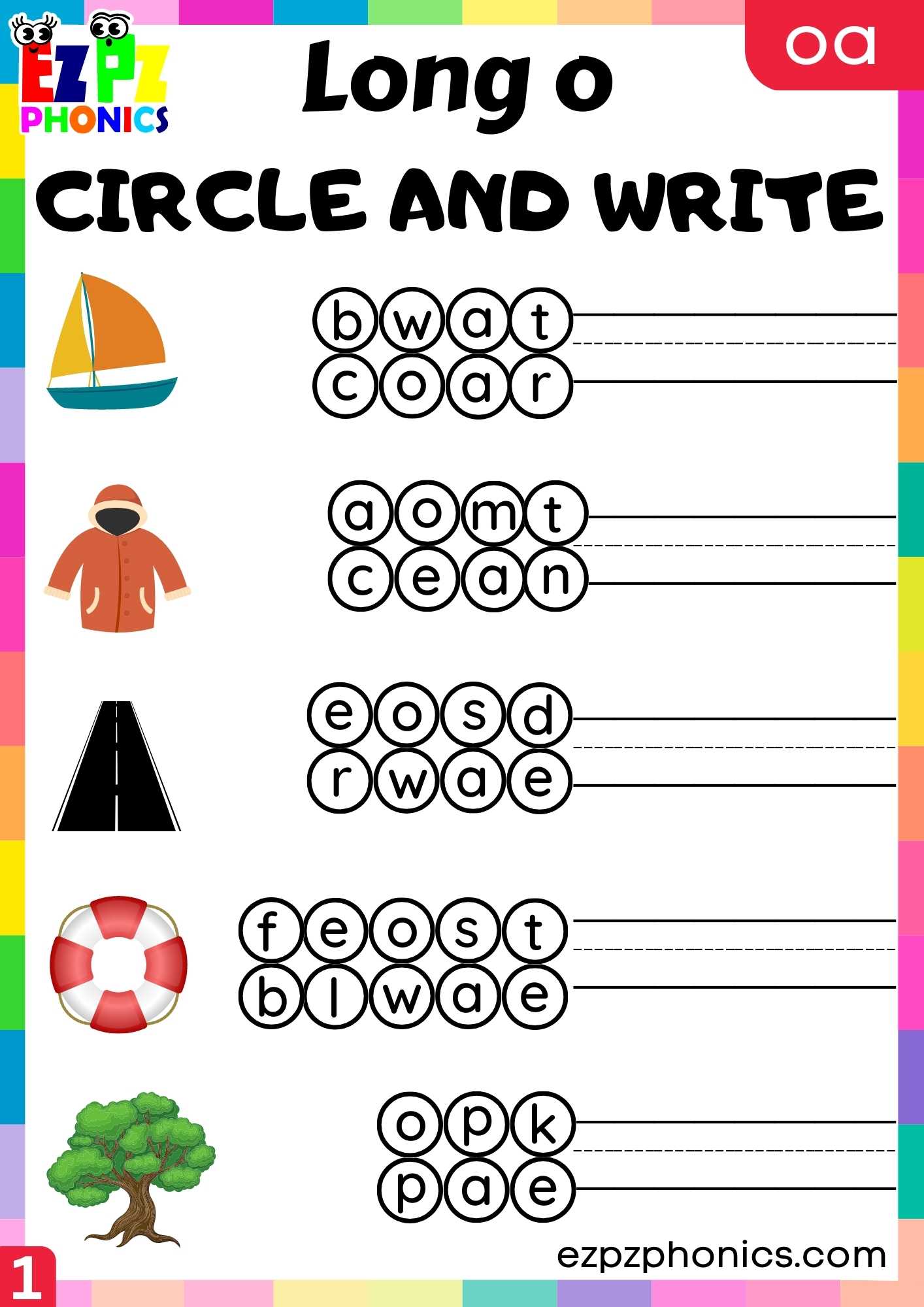 Group1 OA Words Circle And Write Long O Phonics Worksheet - ezpzphonics.com