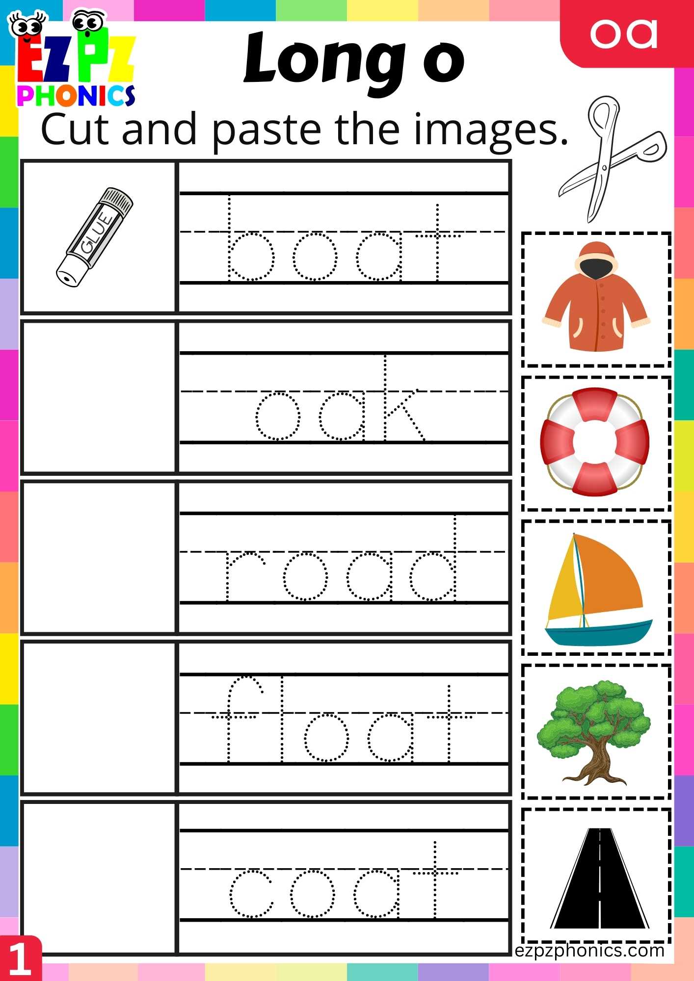 Group1 OA Words Cut And Paste The Images Long O Phonics Worksheet ...
