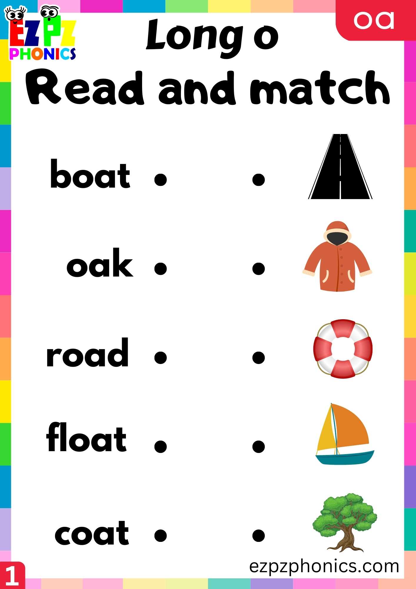 Group1 OA Words Read And Match Long O Phonics Worksheet - ezpzphonics.com