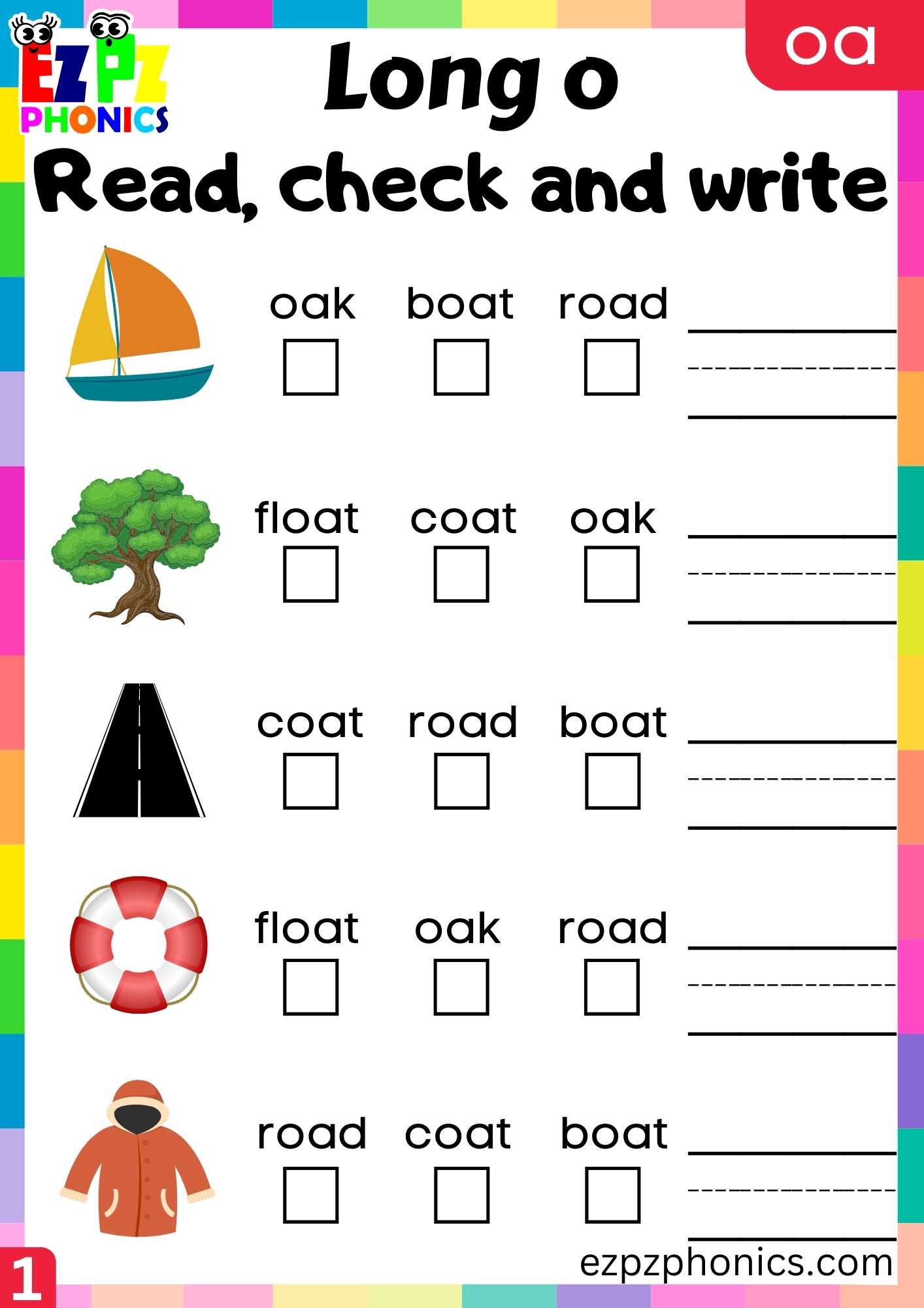 Group1 OA Words Read, Check And Write Long O Phonics Worksheet ...