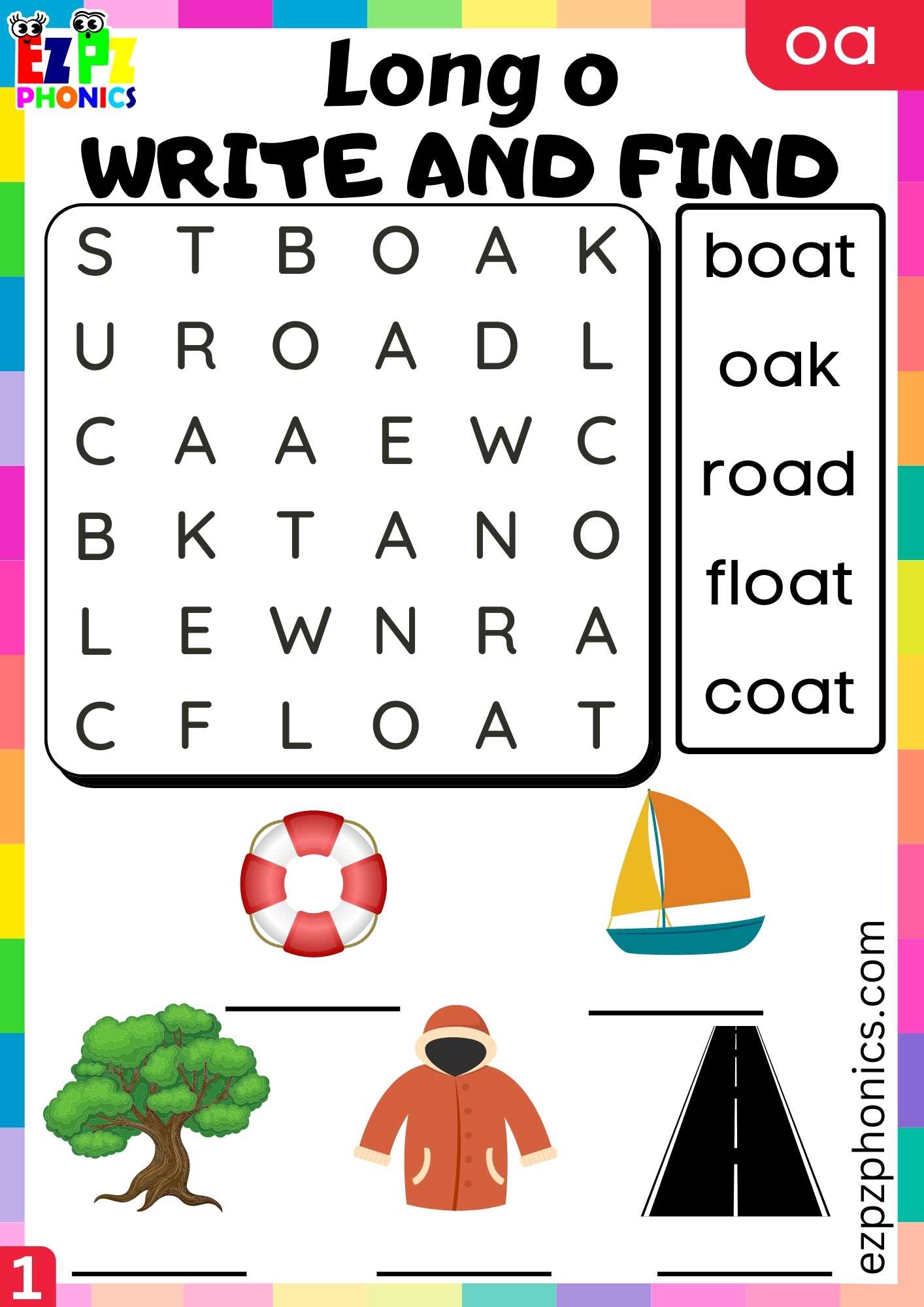 Group1 OA Words Write And Find Long O Phonics Worksheet - ezpzphonics.com