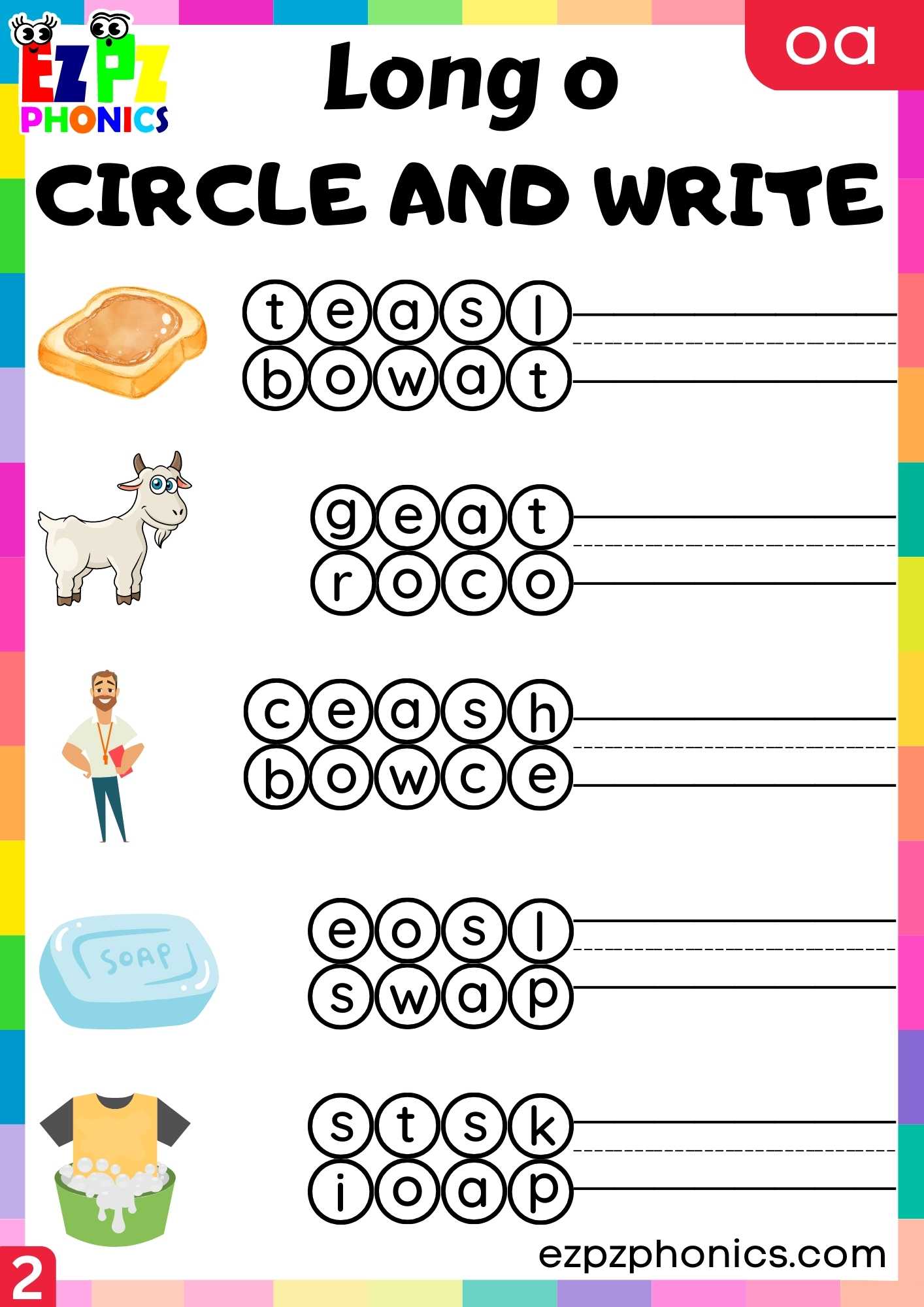Group2 OA Words Circle And Write Long O Phonics Worksheet - ezpzphonics.com