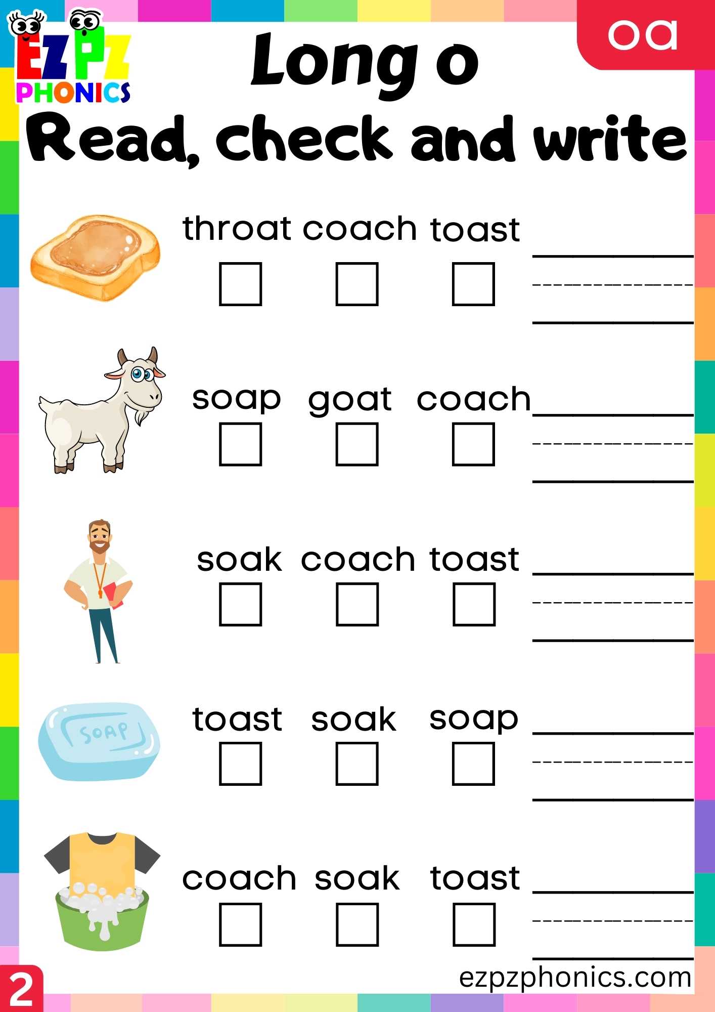 Group2 OA Words Read, Check And Write Long O Phonics Worksheet ...