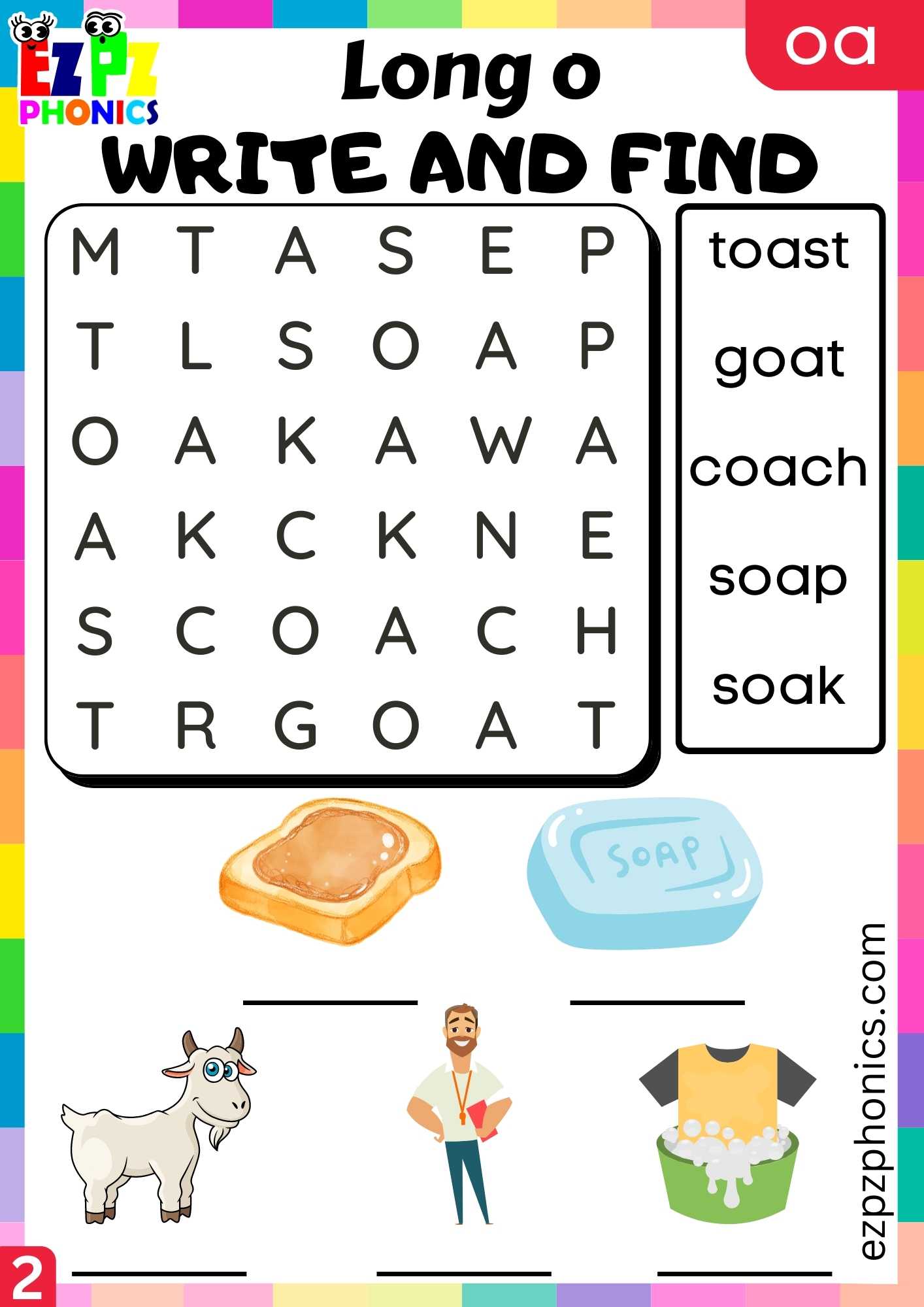 Group2 OA Words Write And Find Long O Phonics Worksheet - ezpzphonics.com