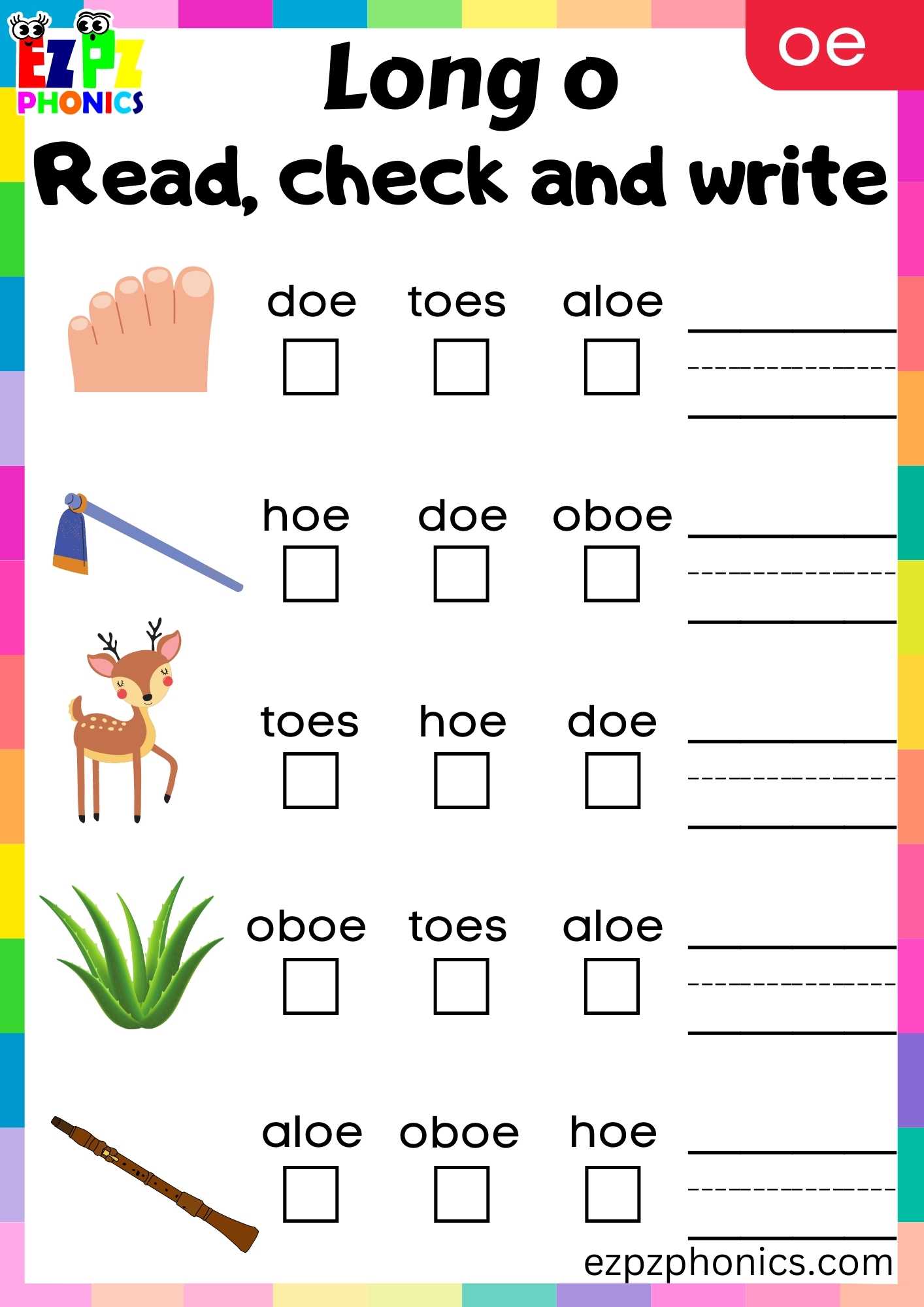 OE Words Read, Check And Write Long O Phonics Worksheet - ezpzphonics.com