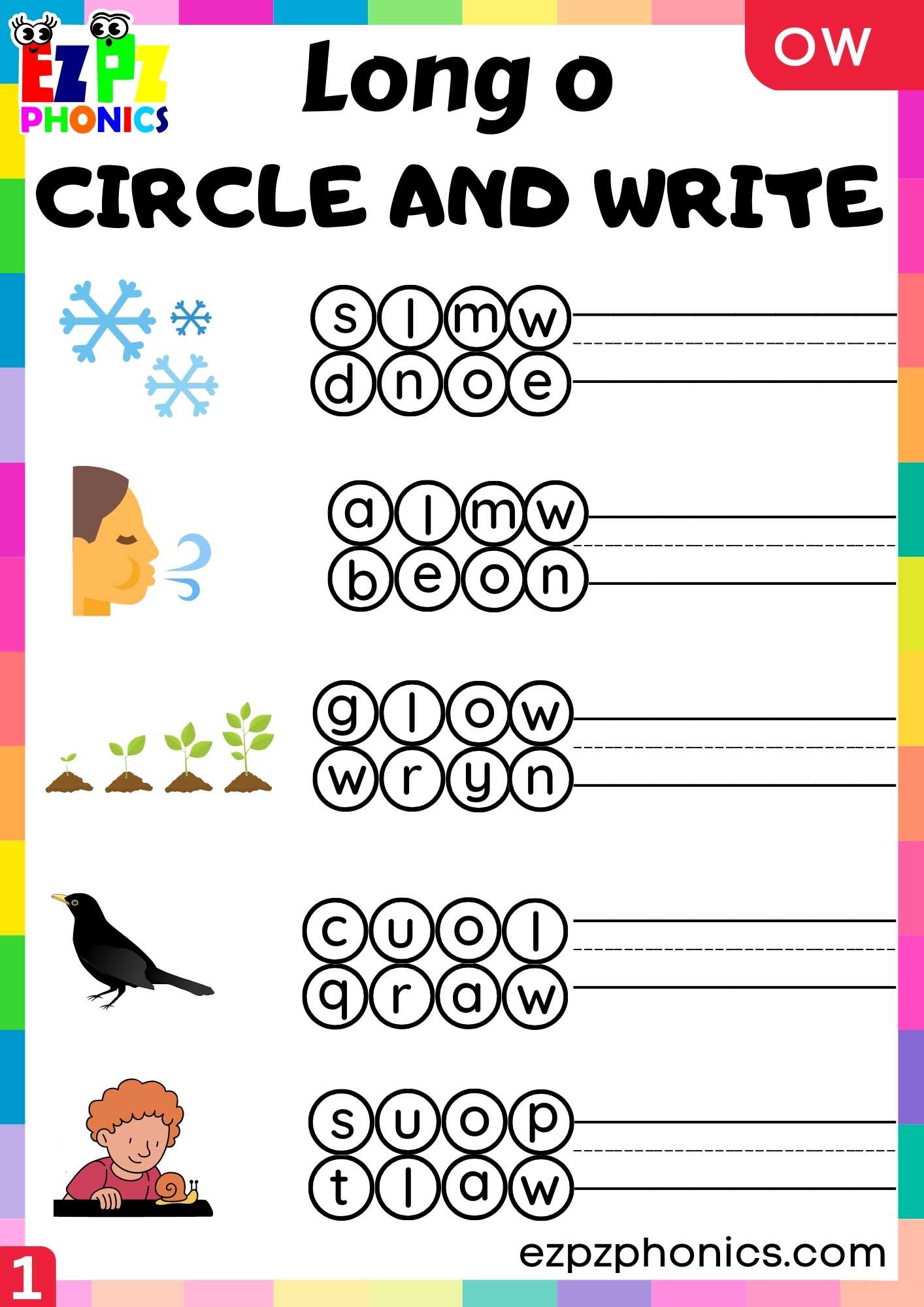 Group1 OW Words Circle And Write Long O Phonics Worksheet - ezpzphonics.com