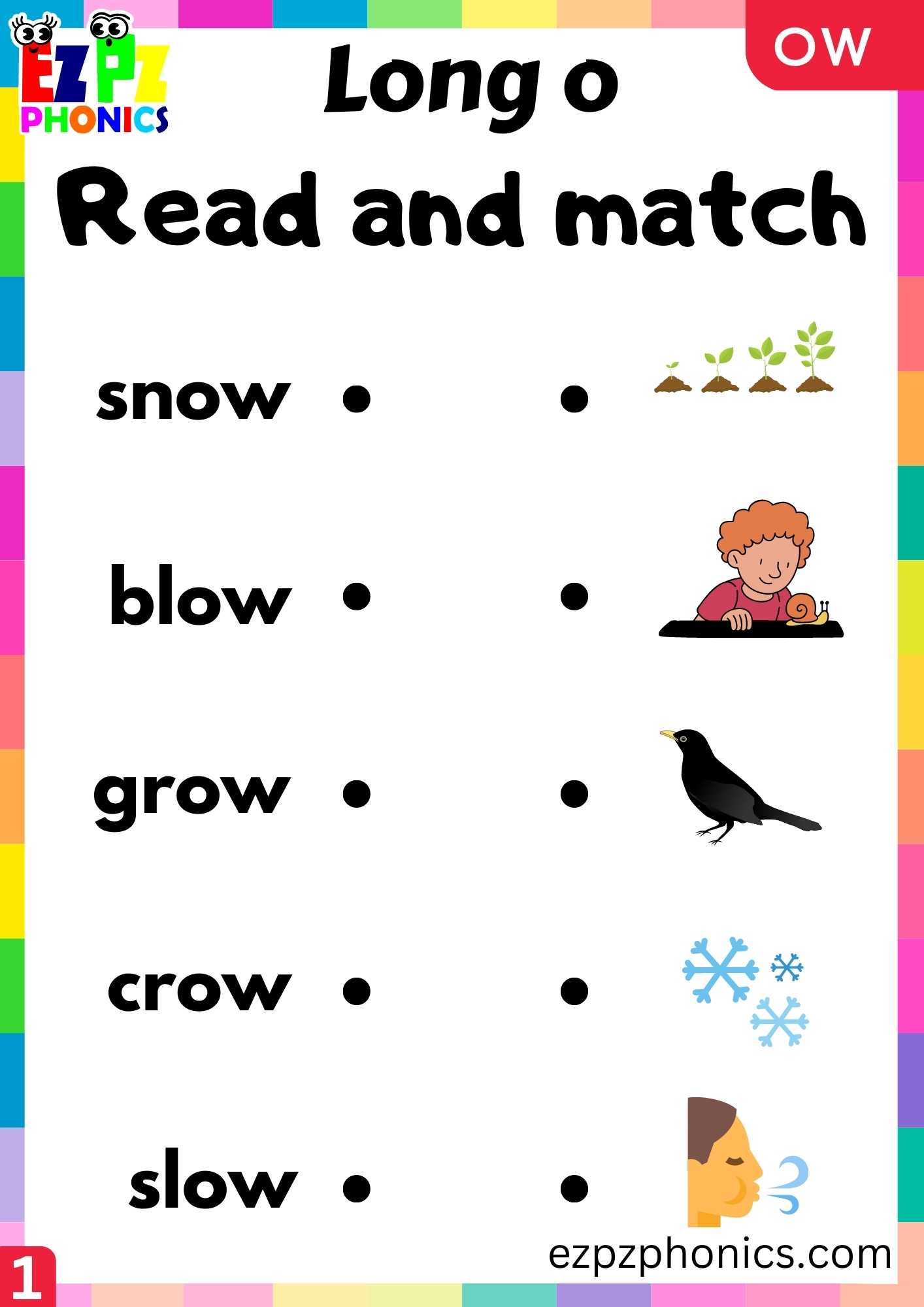 Group1 OW Words Read And Match Long O Phonics Worksheet - ezpzphonics.com