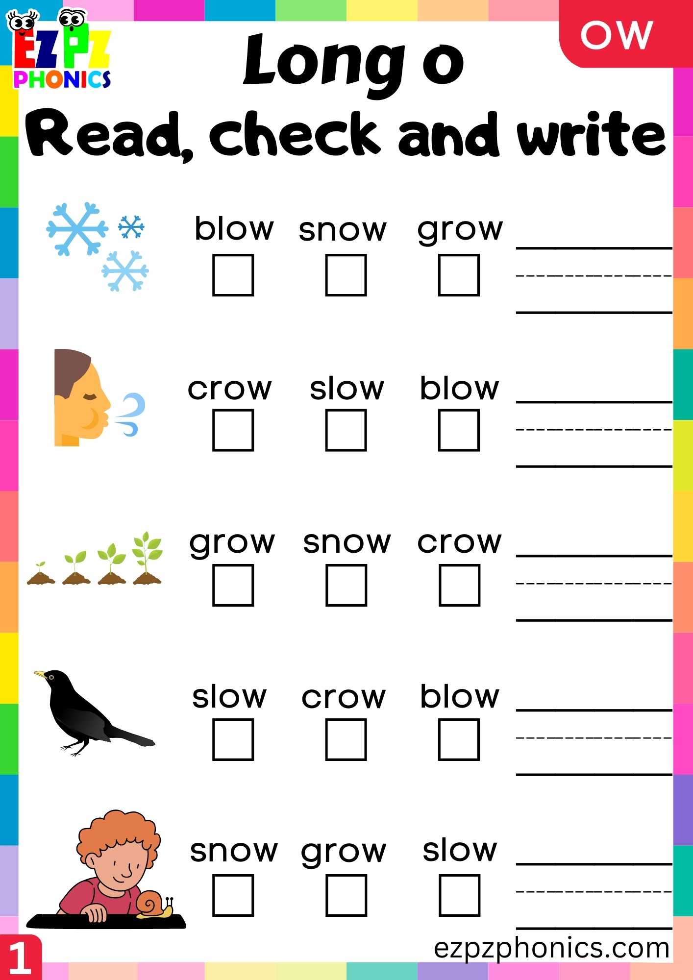 Group1 OW Words Read, Check And Write Long O Phonics Worksheet ...