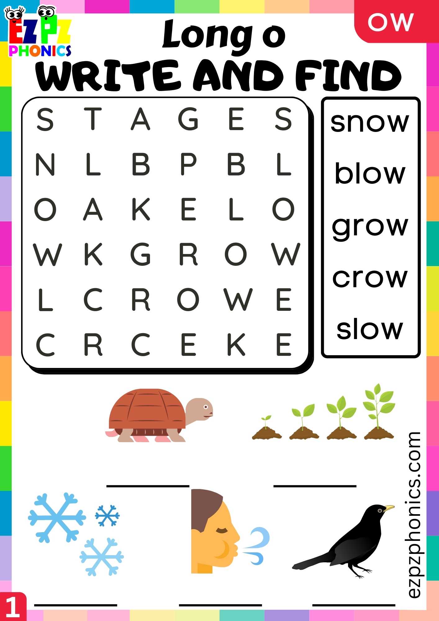 Group1 OW Words Write And Find Long O Phonics Worksheet - ezpzphonics.com