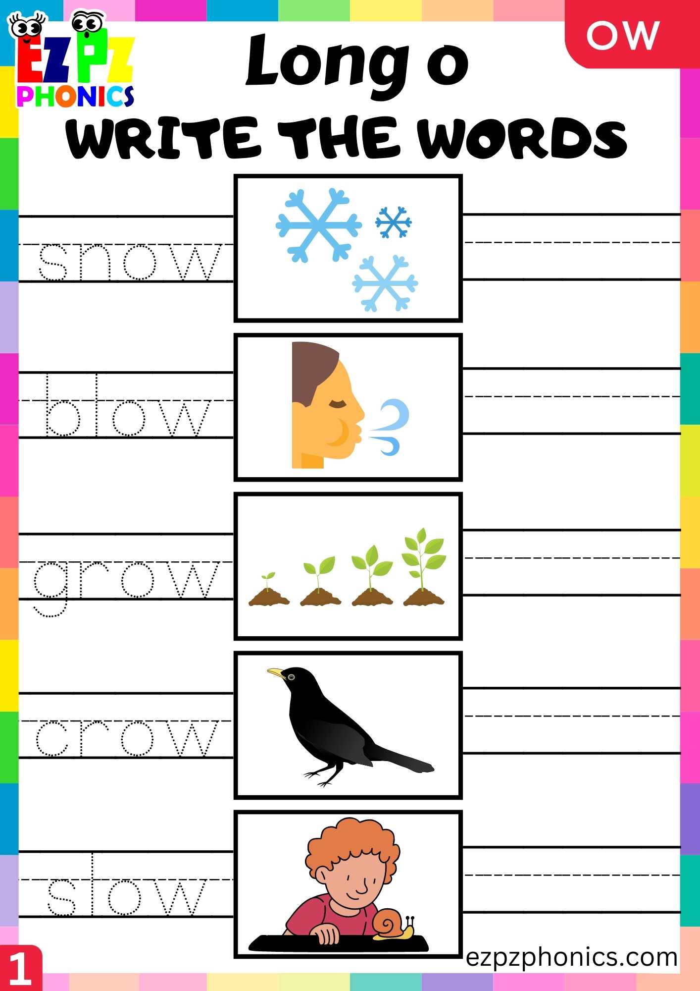 Group1 OW Words Write The Words Long O Phonics Worksheet - ezpzphonics.com
