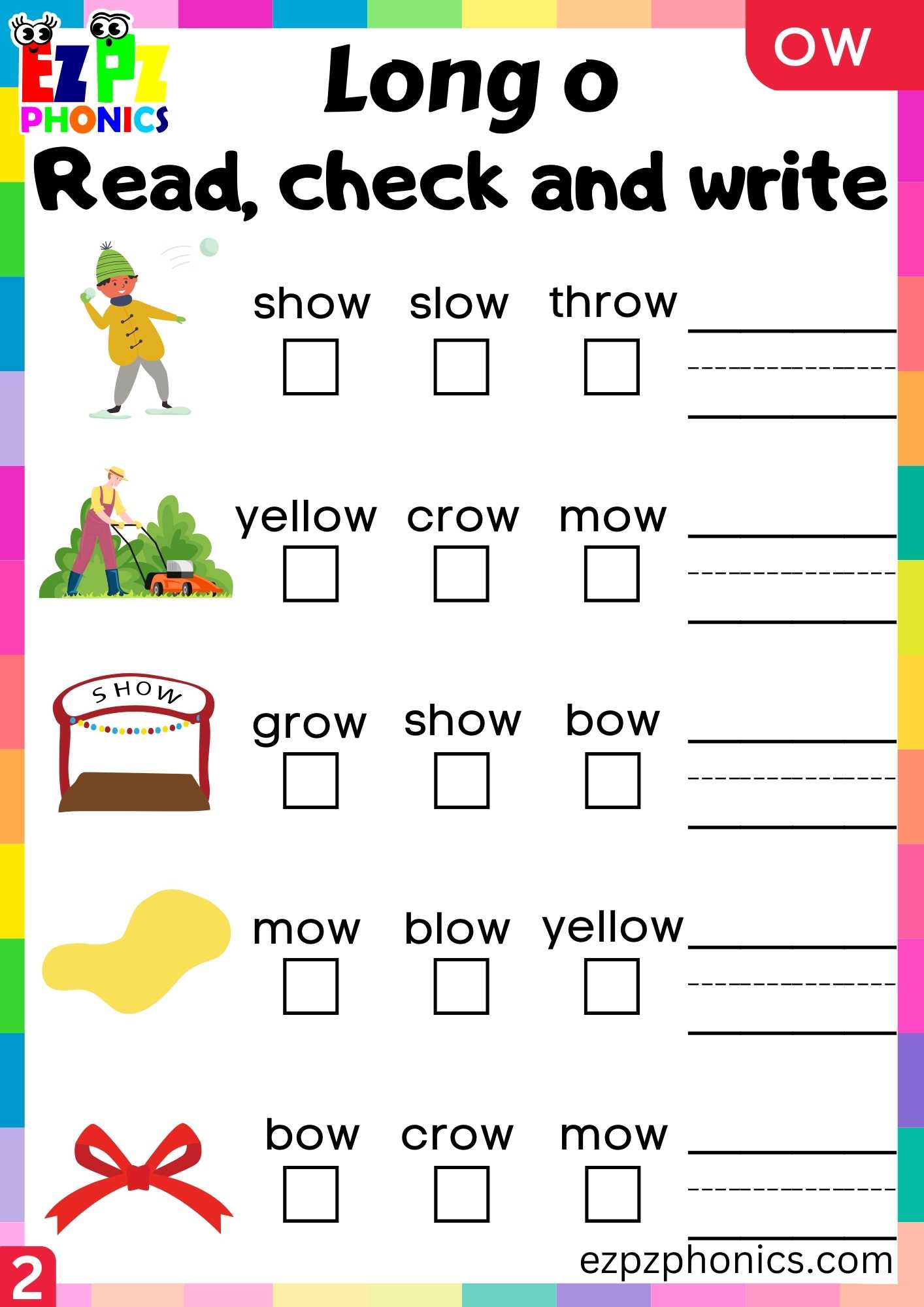 Group2 OW Words Read, Check And Write Long O Phonics Worksheet ...
