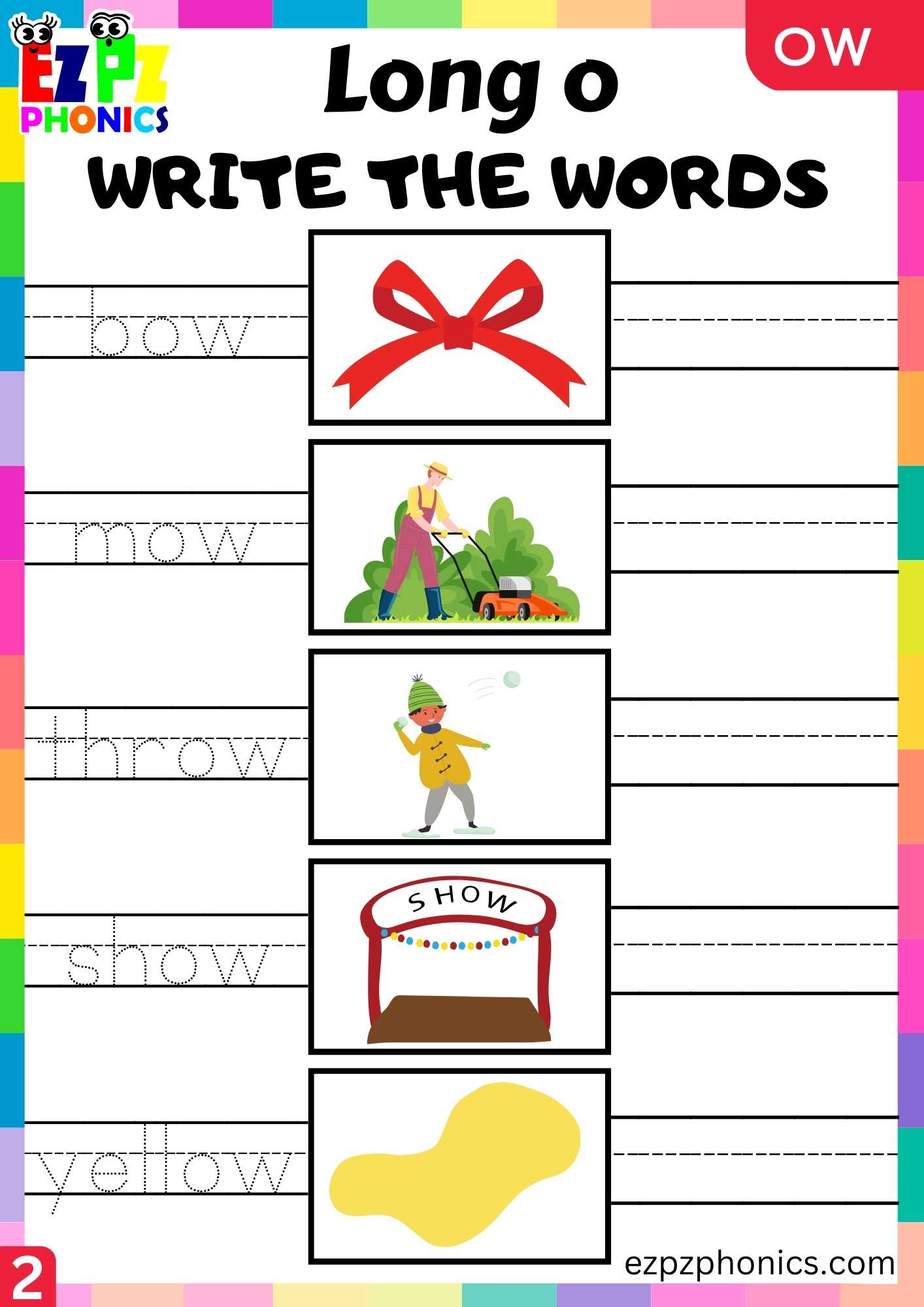 Group2 OW Words Write The Words Long O Phonics Worksheet - ezpzphonics.com