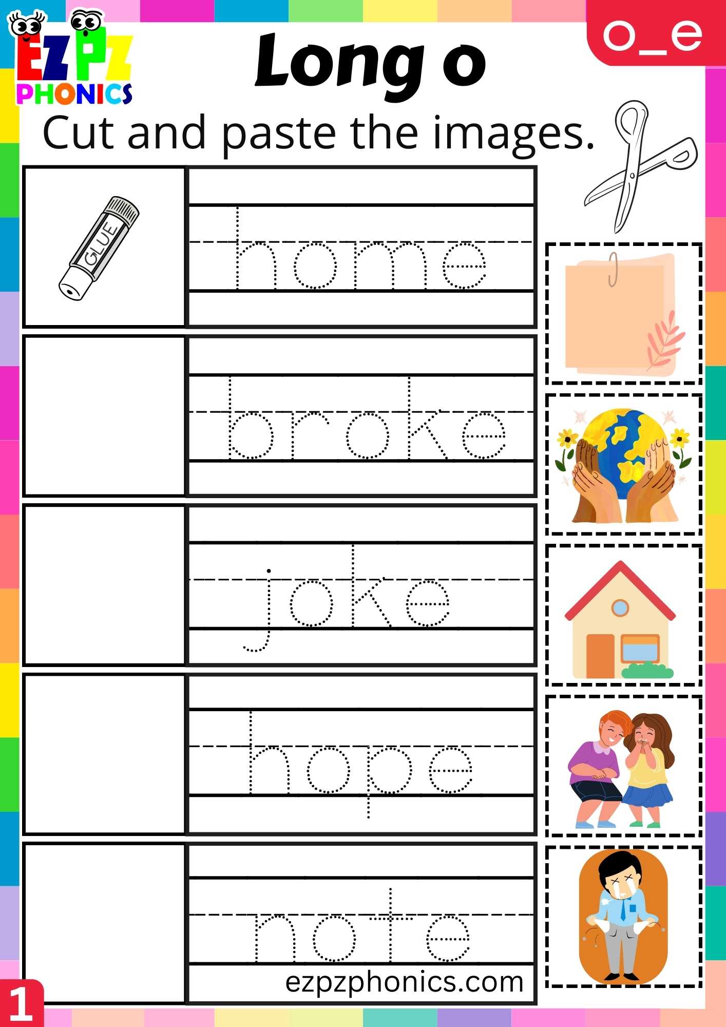Group1 O_E Words Cut And Paste The Images Long O Phonics Worksheet ...