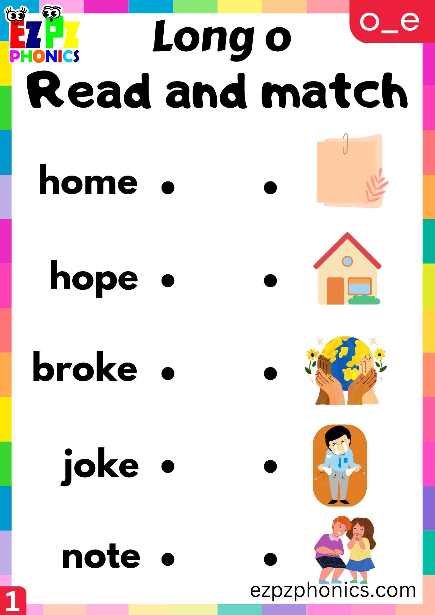 Group1 O_E Words Read And Match Long O Phonics Worksheet - ezpzphonics.com