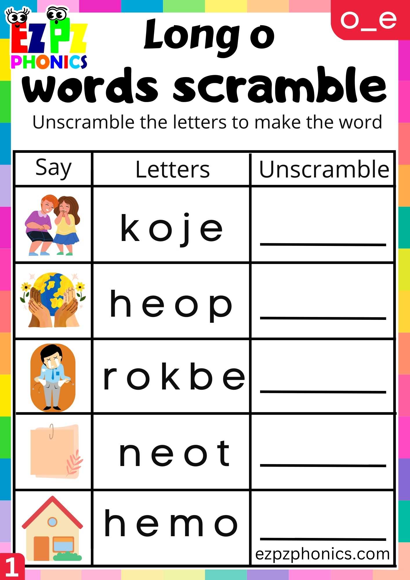 Group1 O_E Words Words Scramble Long O Phonics Worksheet - ezpzphonics.com