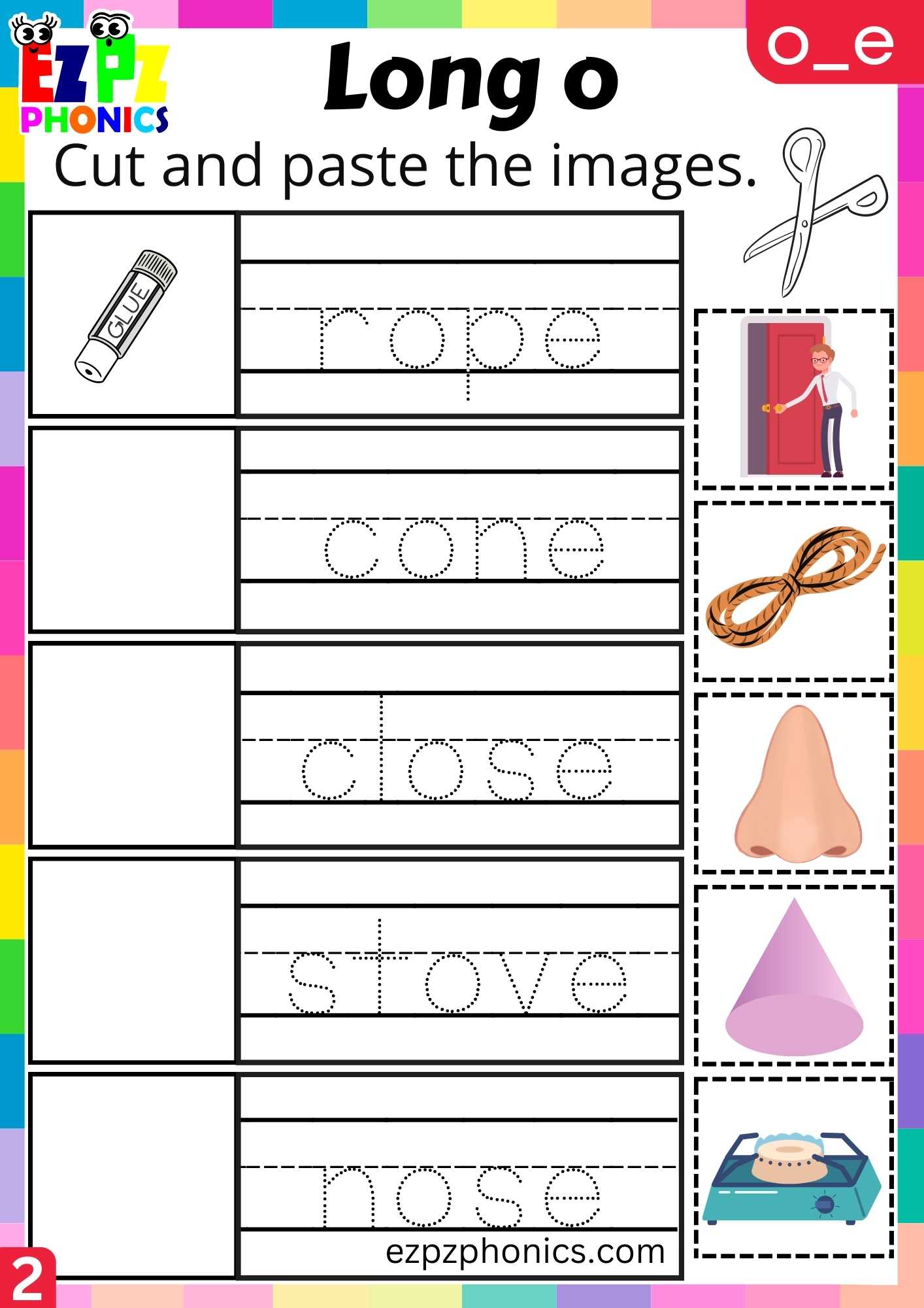 Group2 O_E Words Cut And Paste The Images Long O Phonics Worksheet ...