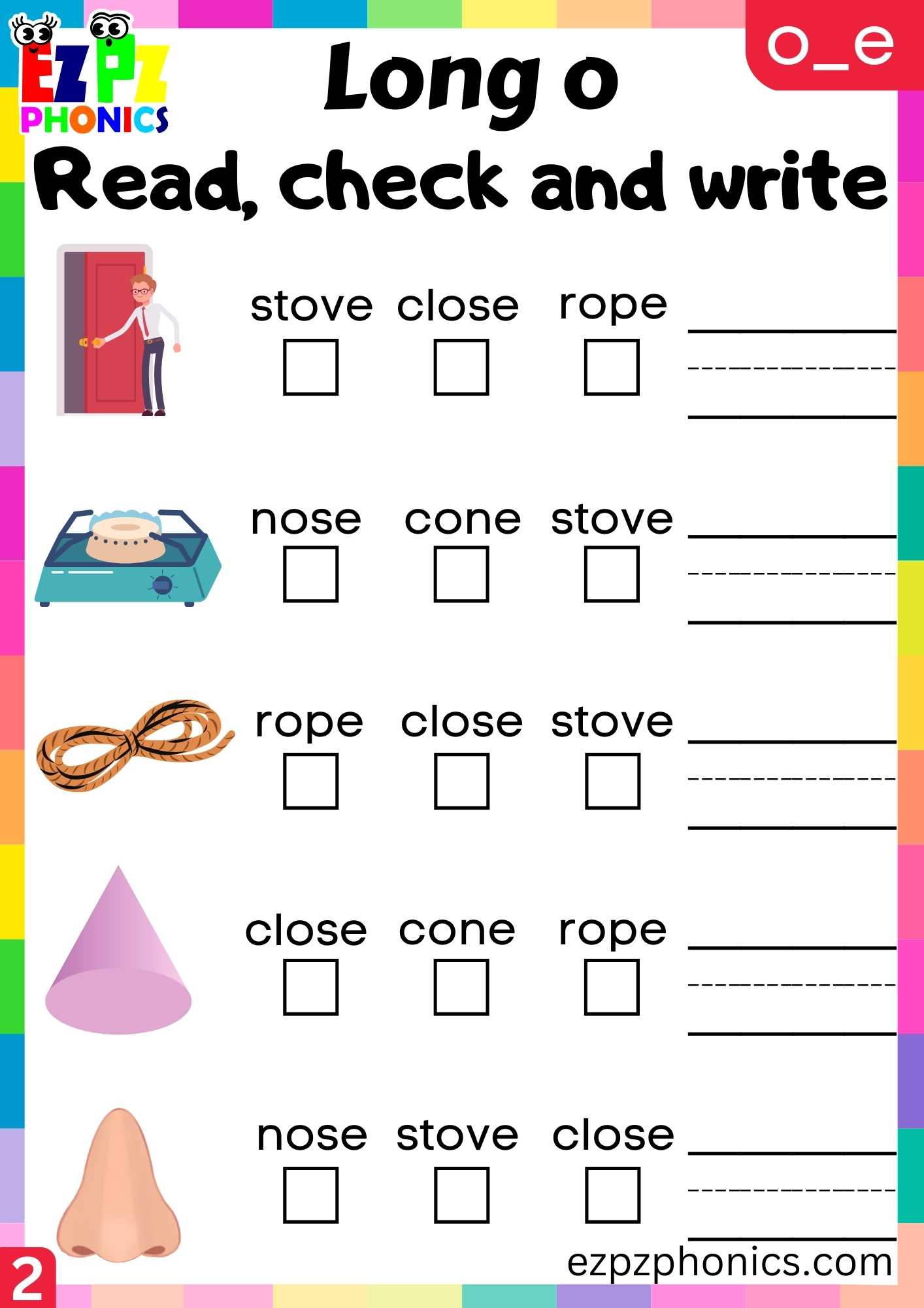 Group2 O_E Words Read, Check And Write Long O Phonics Worksheet ...
