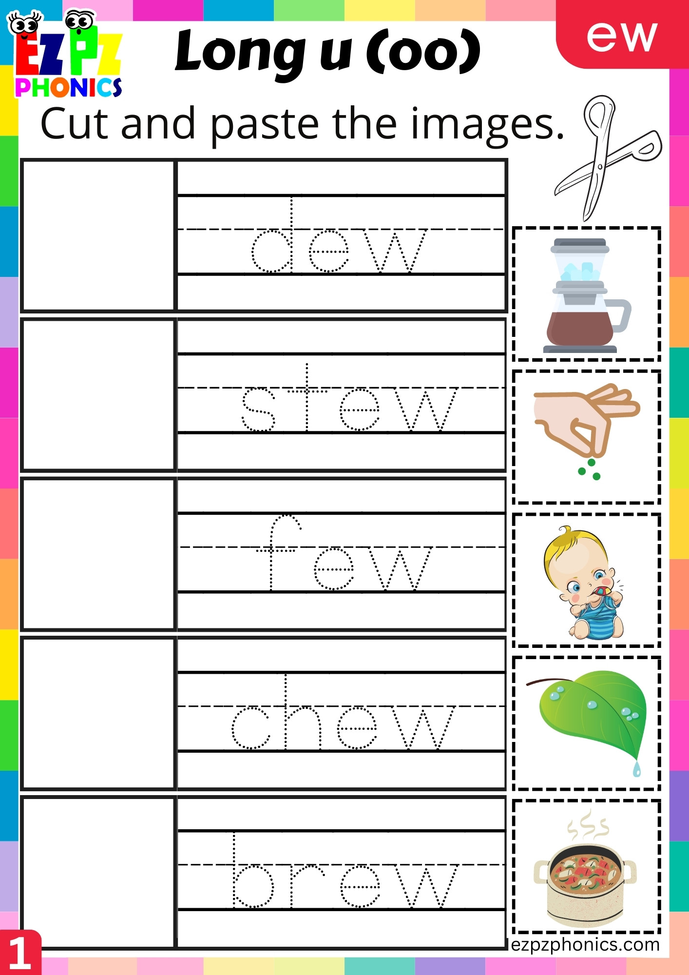 ew Words Long u (oo) Cut and Paste the Images Worksheet PDF Download ...