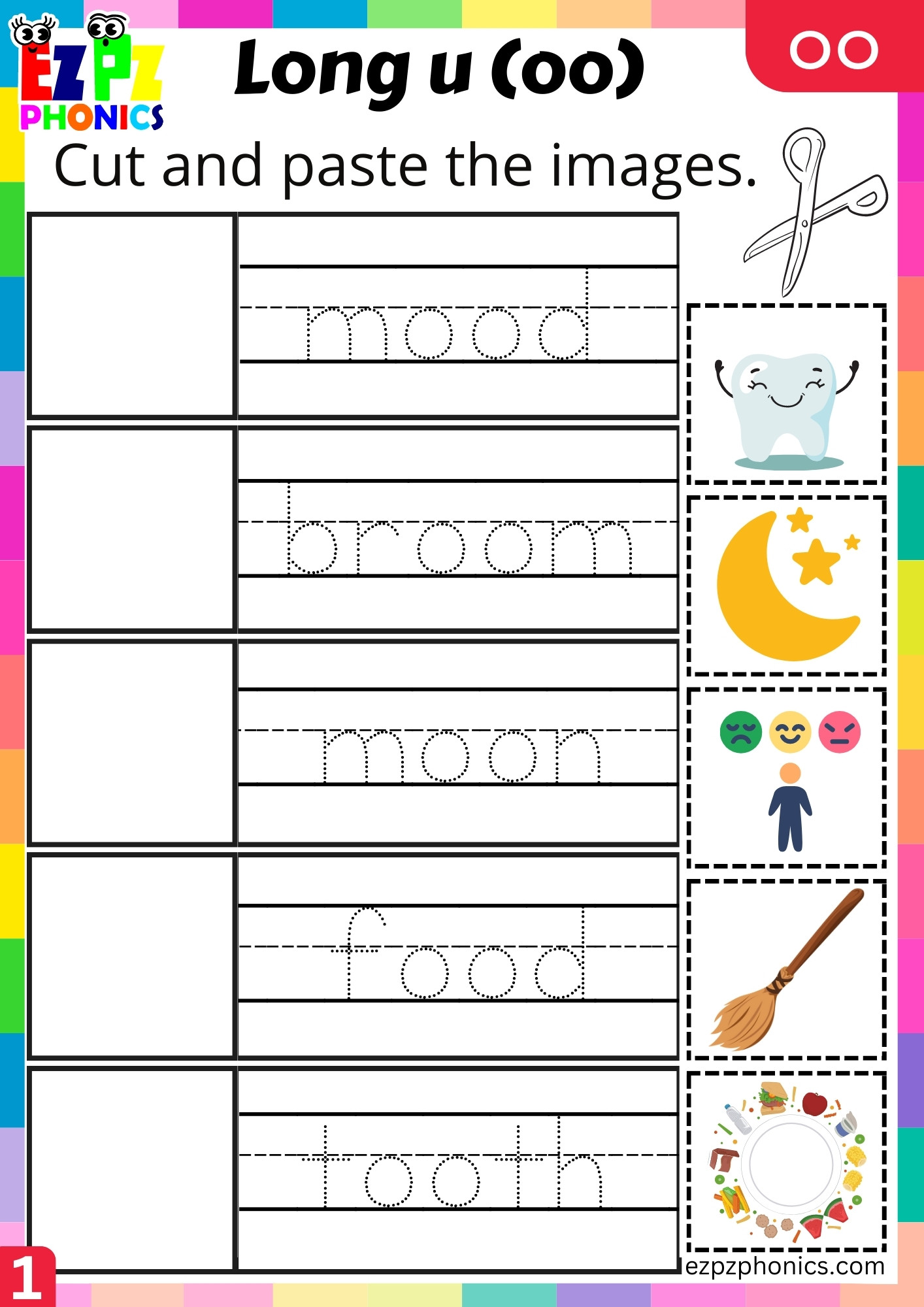 Cut and Paste the Images Activity for oo Words Long u (oo) Sound ...