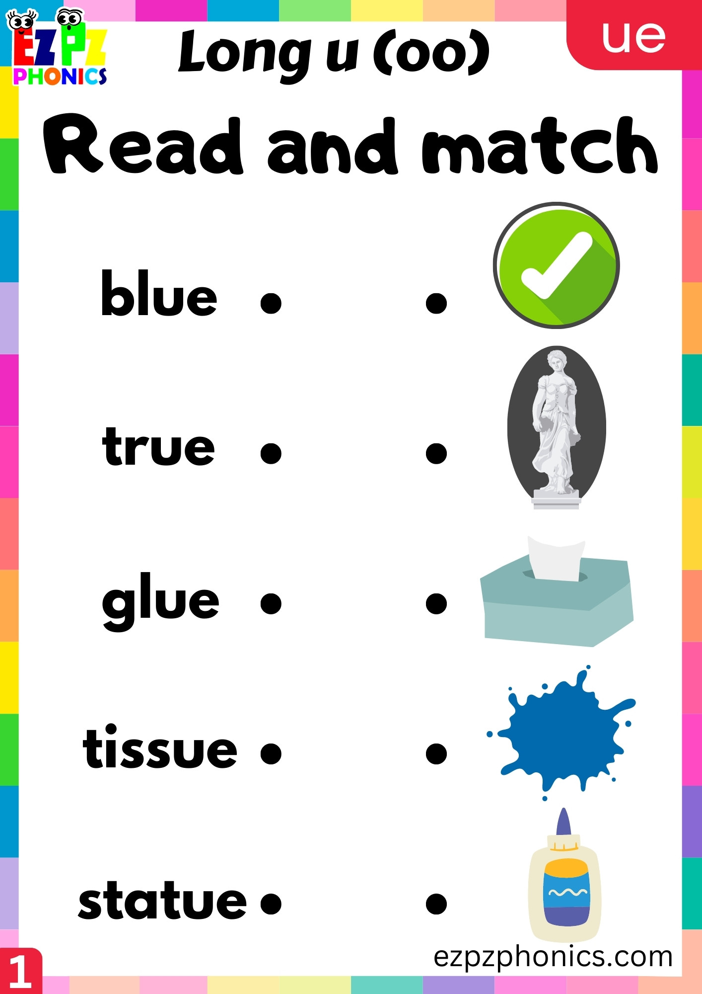 Read and Match Activity for ue Words Long u (oo) Sound - ezpzphonics.com