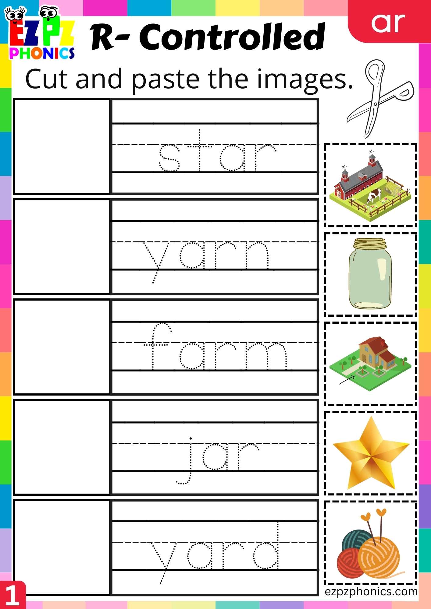 Cut and paste worksheet for ar words R controlled vowels phonics group ...