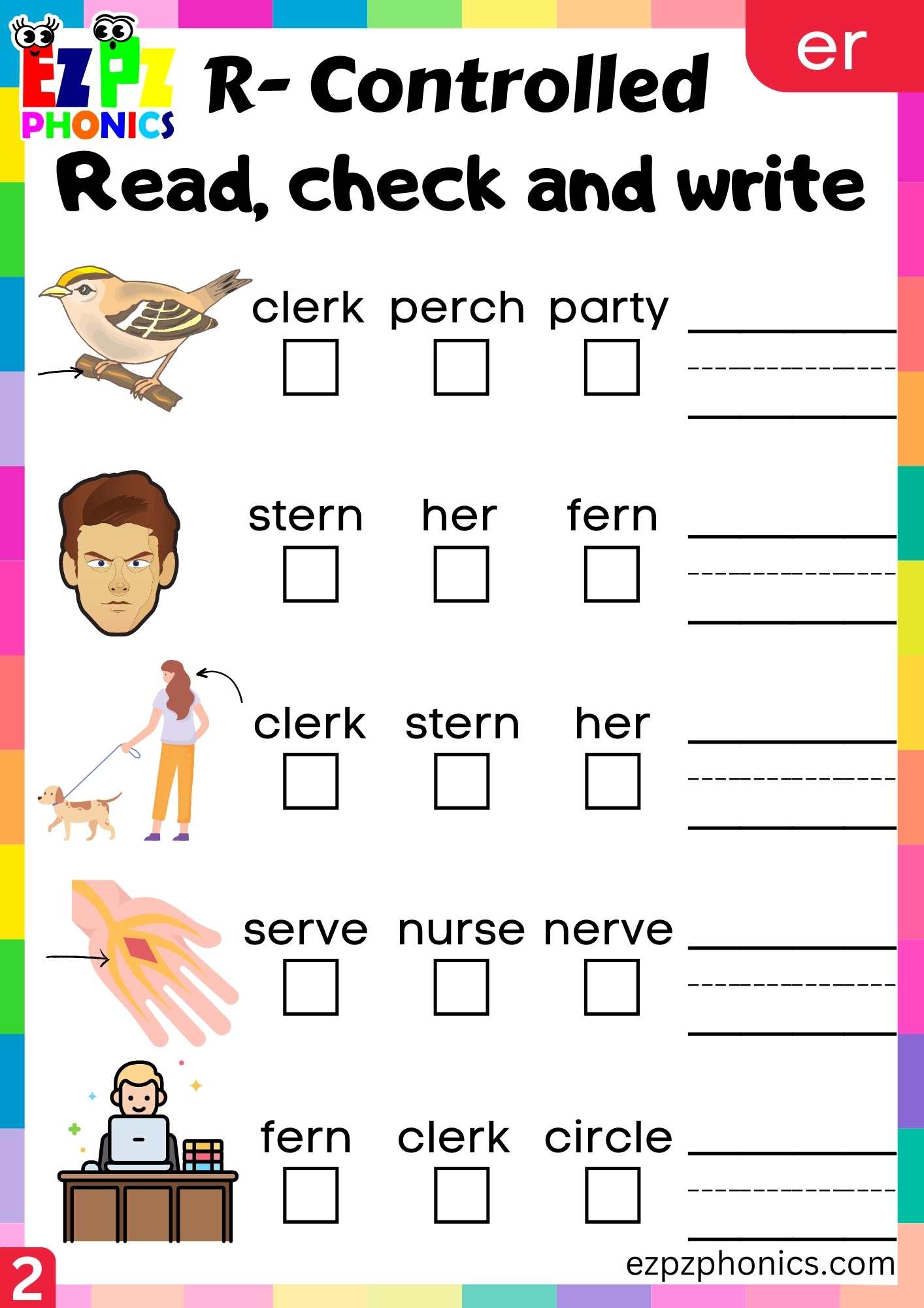 Read check and write activity for er words R controlled vowels phonics ...