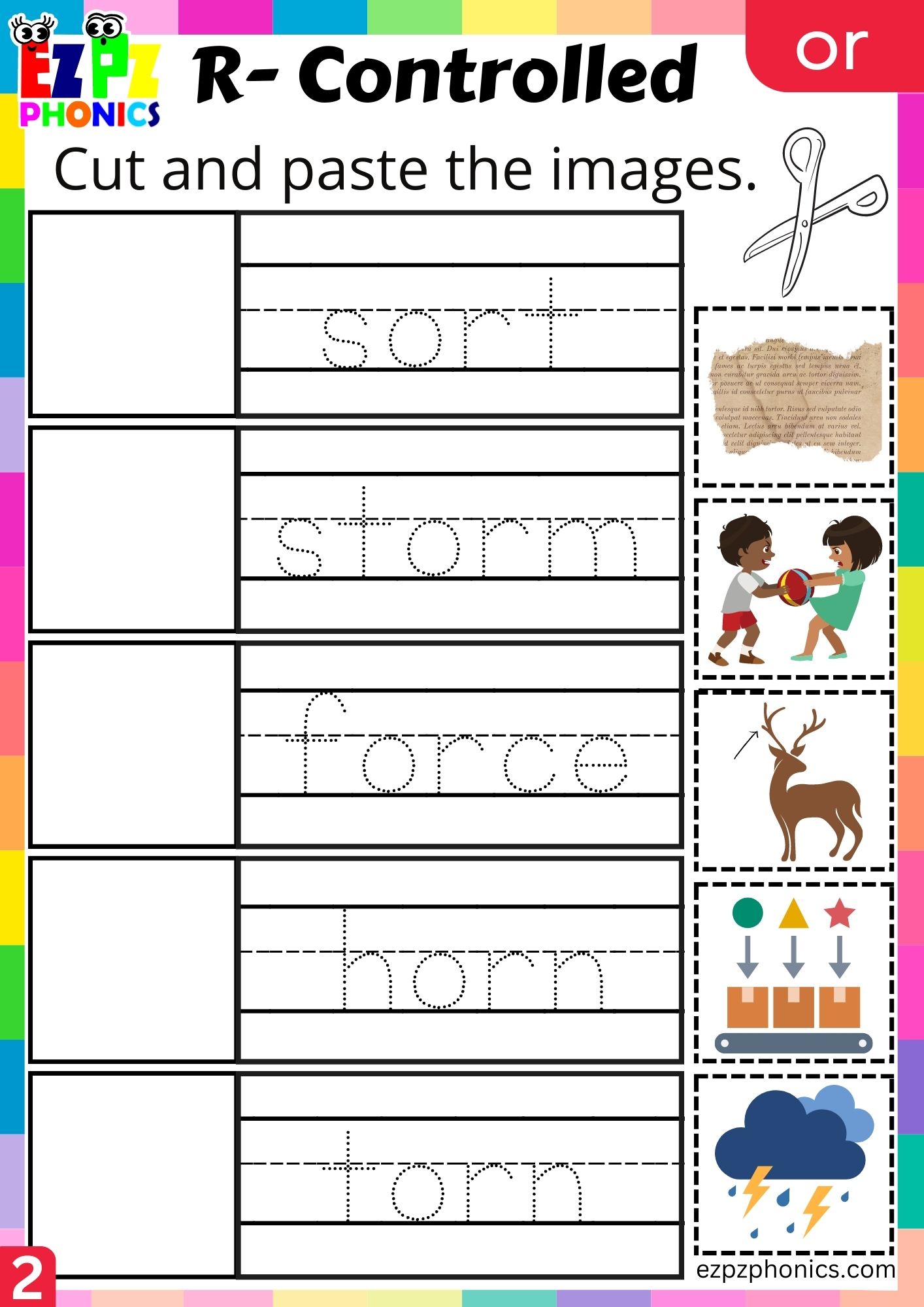 Cut and paste worksheet for or words R Controlled Vowels Phonics group ...