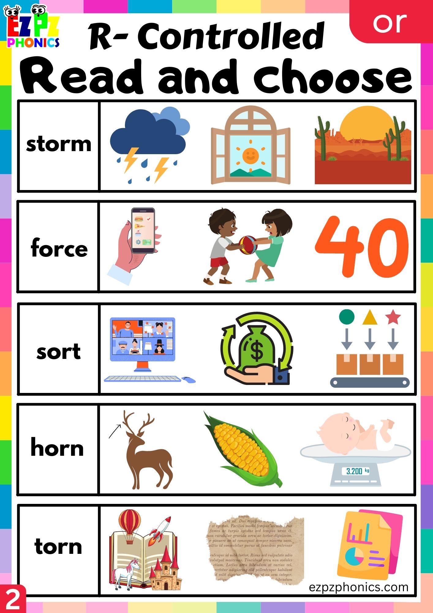 Read and choose worksheet for or words R Controlled Vowels Phonics ...