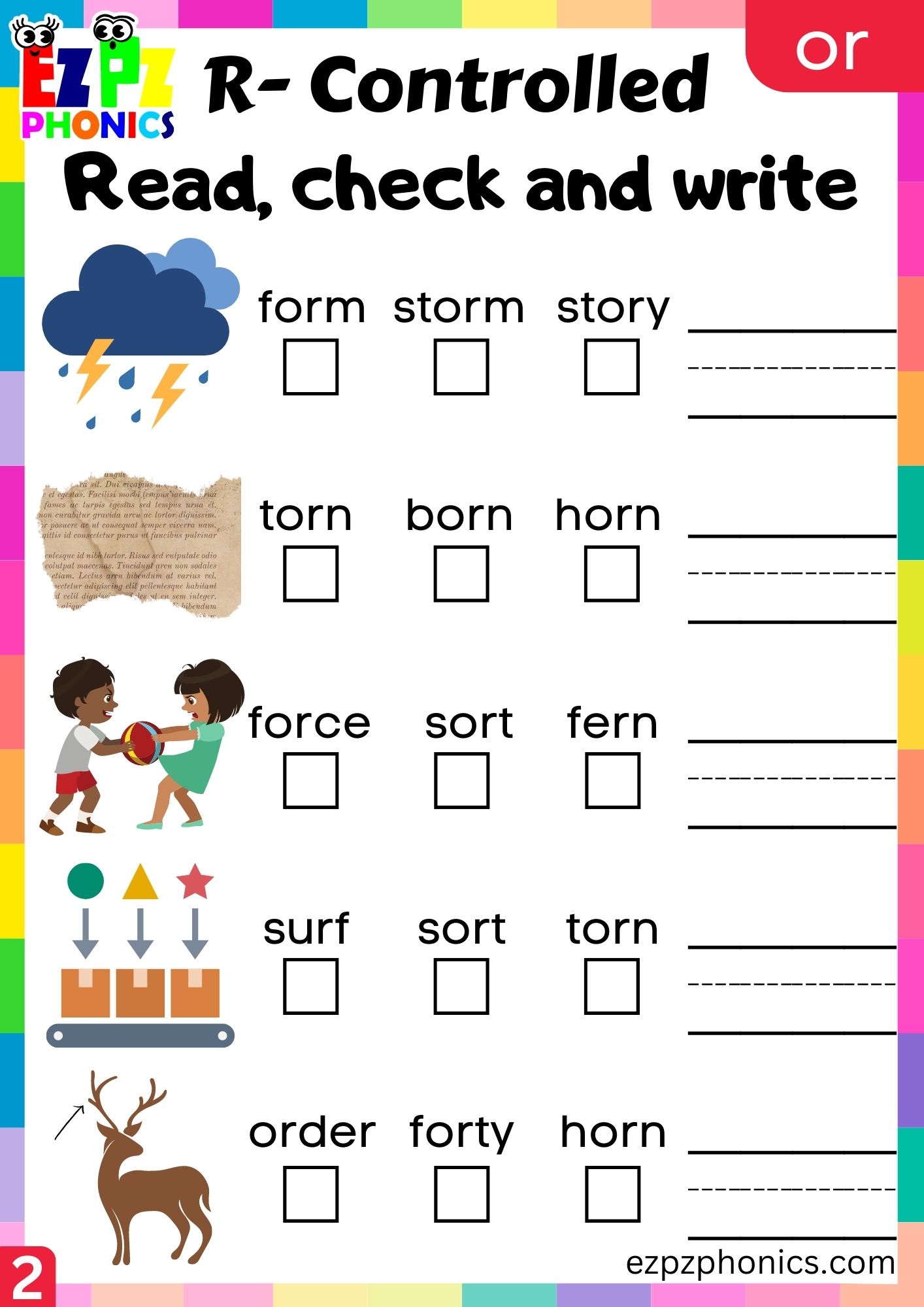 Read check and write worksheet for or words R Controlled Vowels Phonics ...