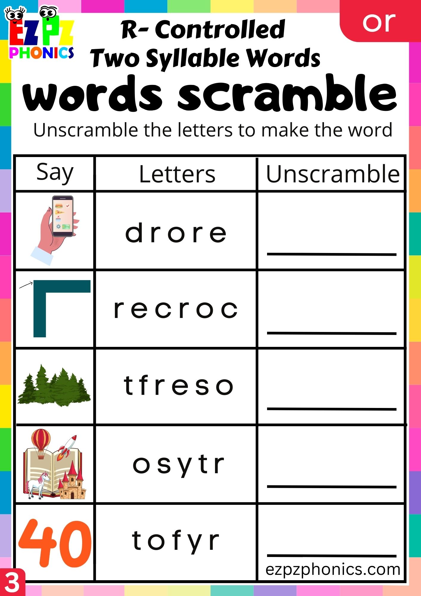 Word scramble worksheet for two syllable or words R Controlled Vowels ...
