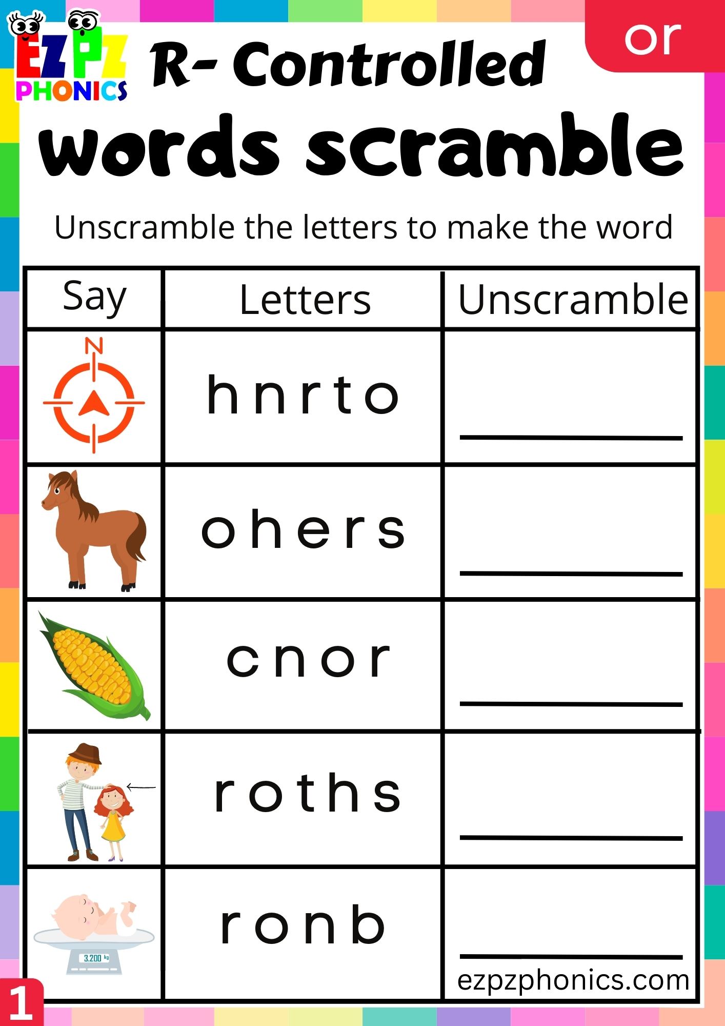 Word scramble worksheet or words R Controlled Vowels Phonics group 1 ...