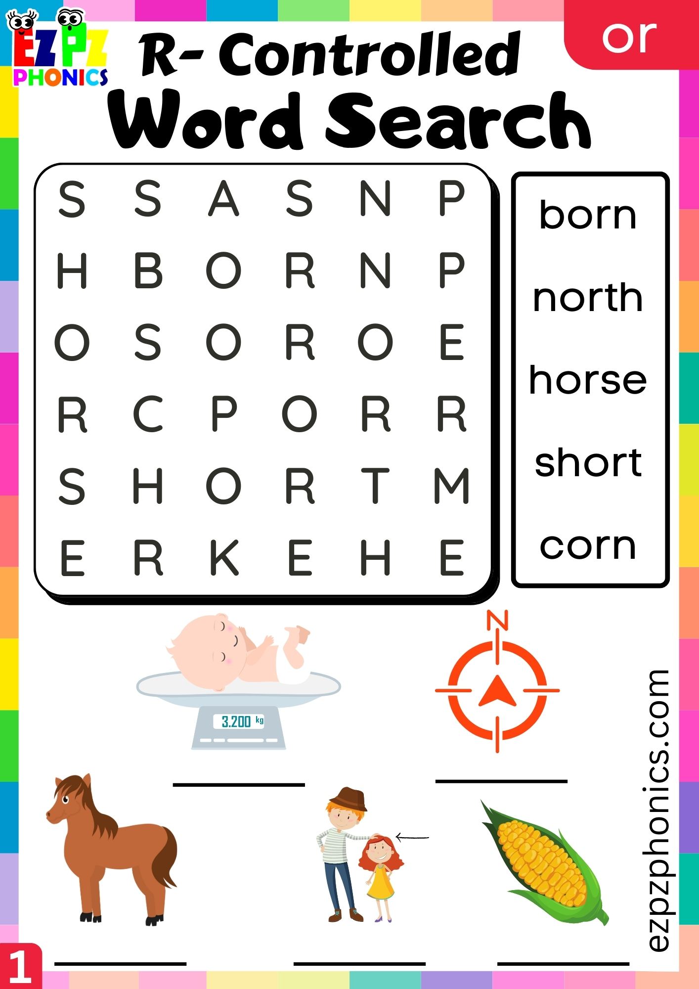 Word search worksheet for or words R Controlled Vowels Phonics group 1 ...