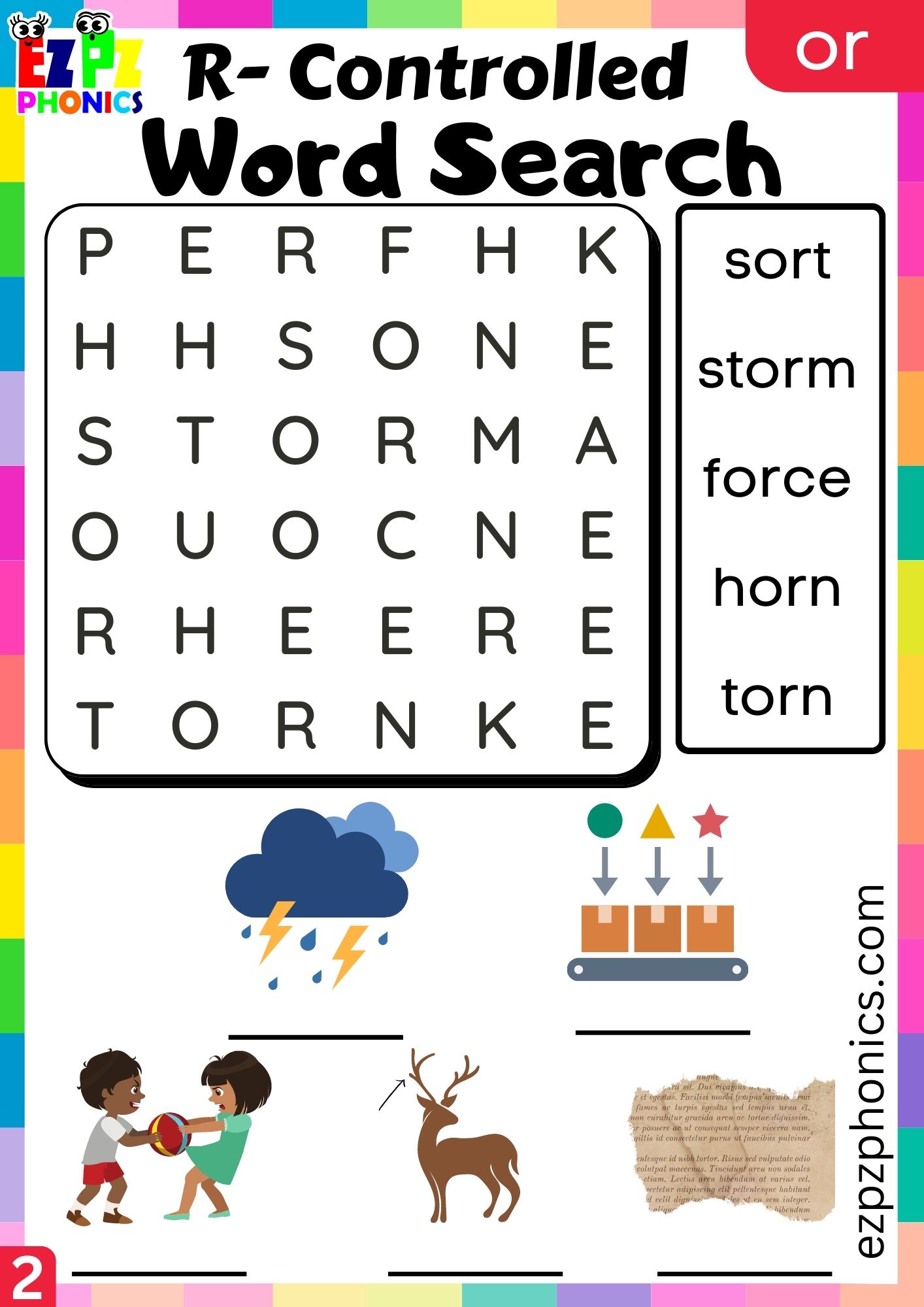 Word search worksheet for or words R Controlled Vowels Phonics group 2 ...