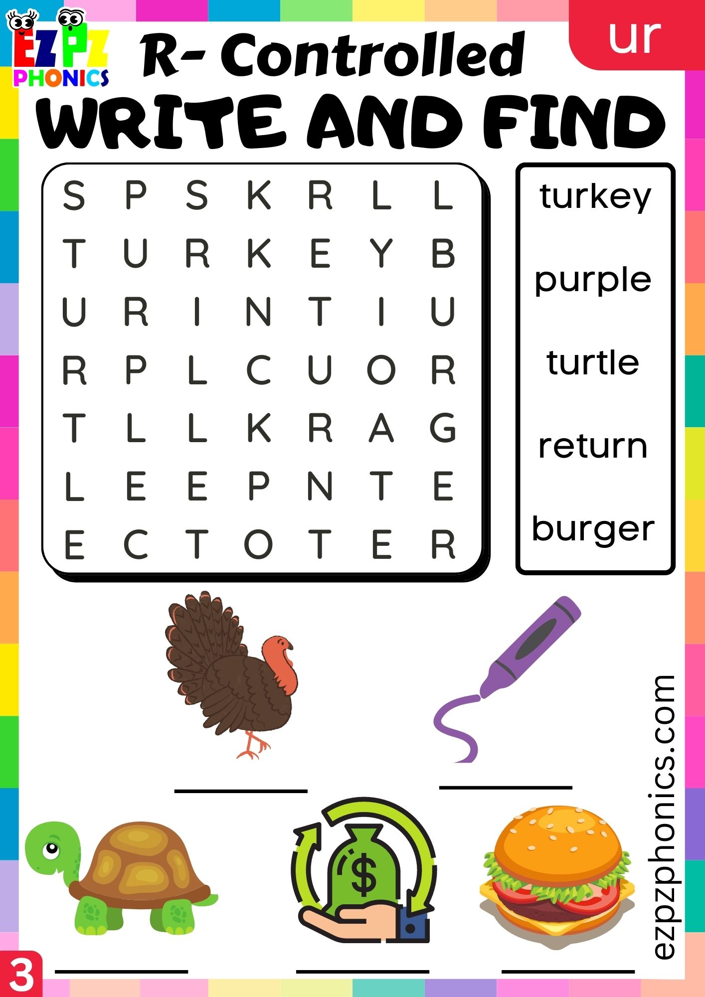 Word search worksheet for ur two syllable words R Controlled Vowels ...
