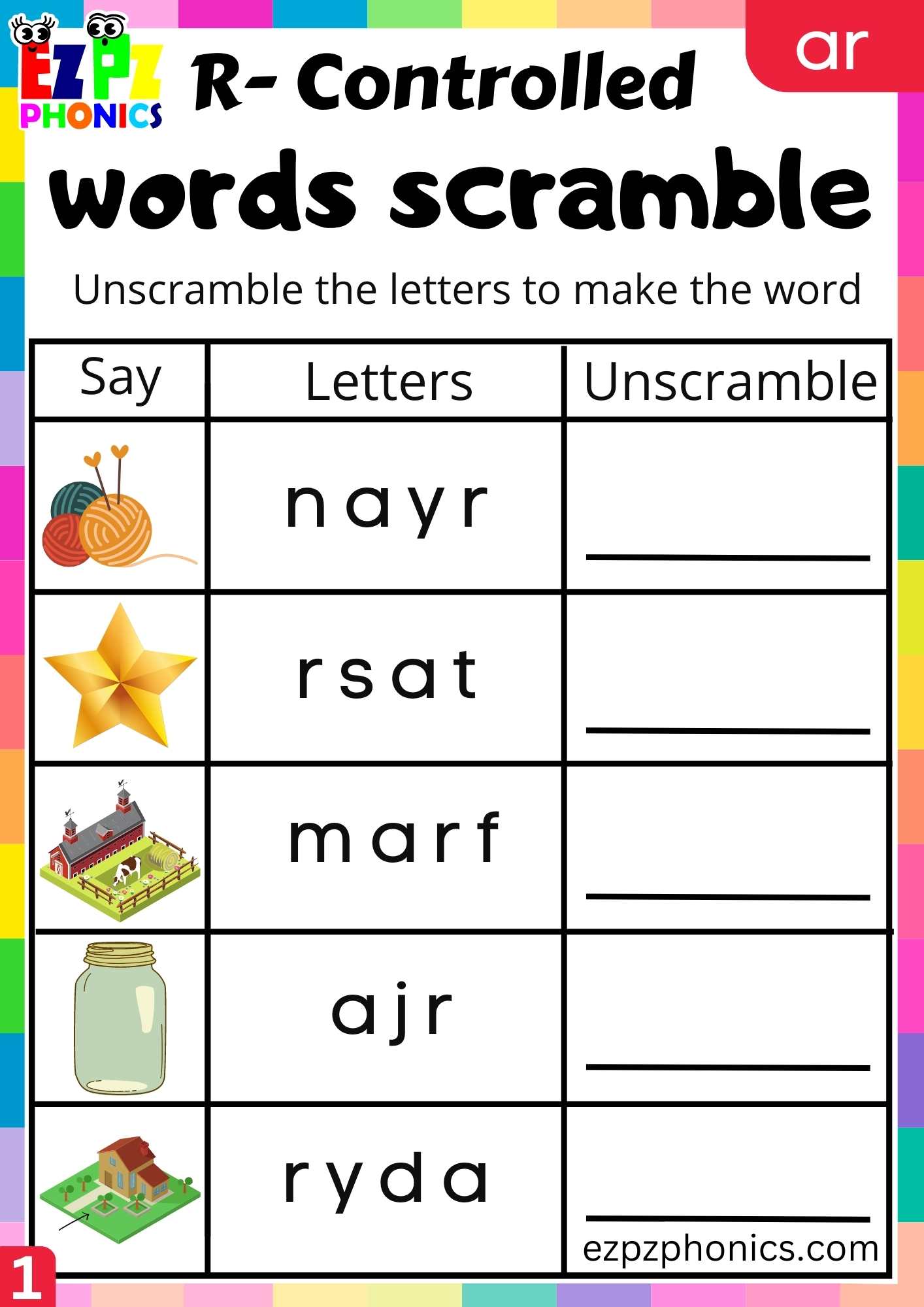 Word scramble worksheet for ar words R controlled vowels phonics group ...