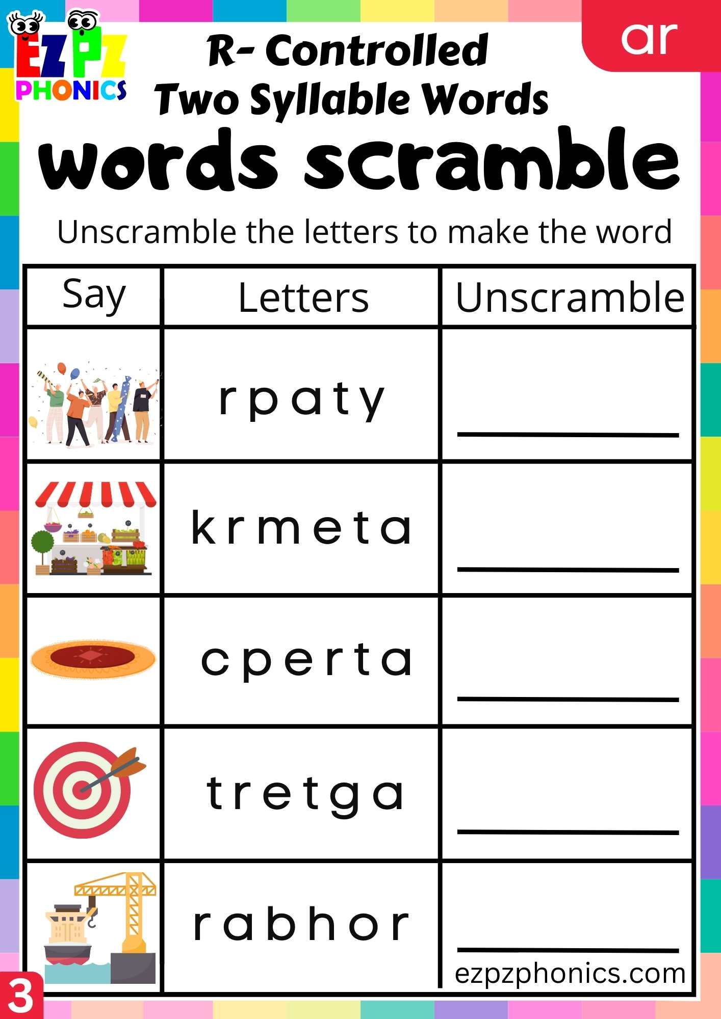 Word scramble activity for ar two syllable words R controlled vowels ...