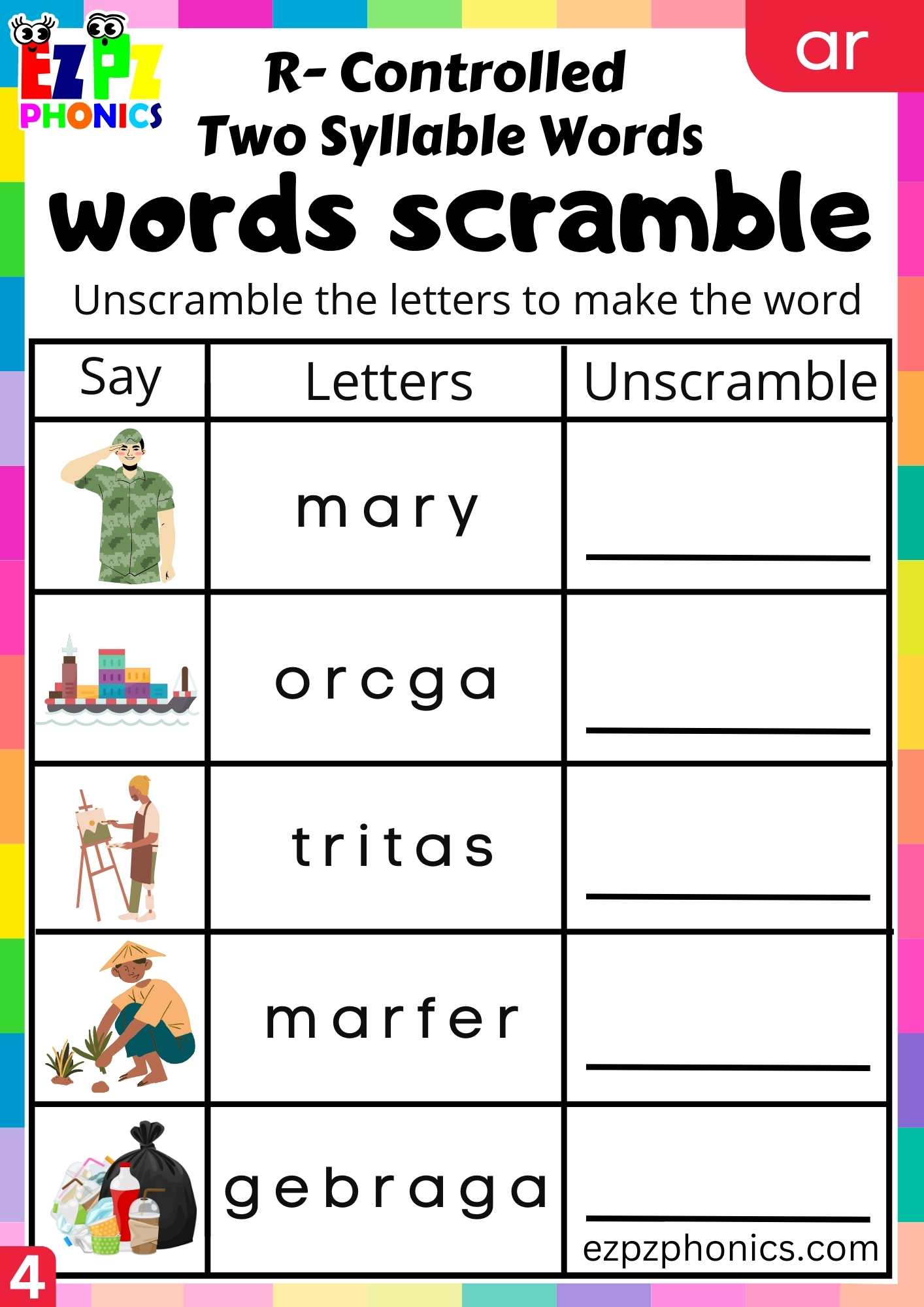 Word scramble activity for ar two syllable words R controlled vowels ...