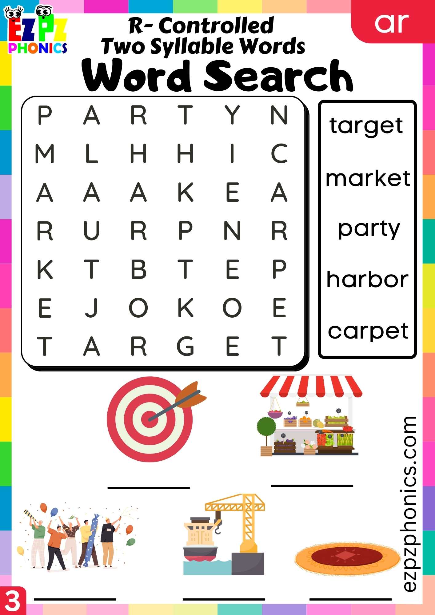 Word search activity for ar two syllable words R controlled vowels ...