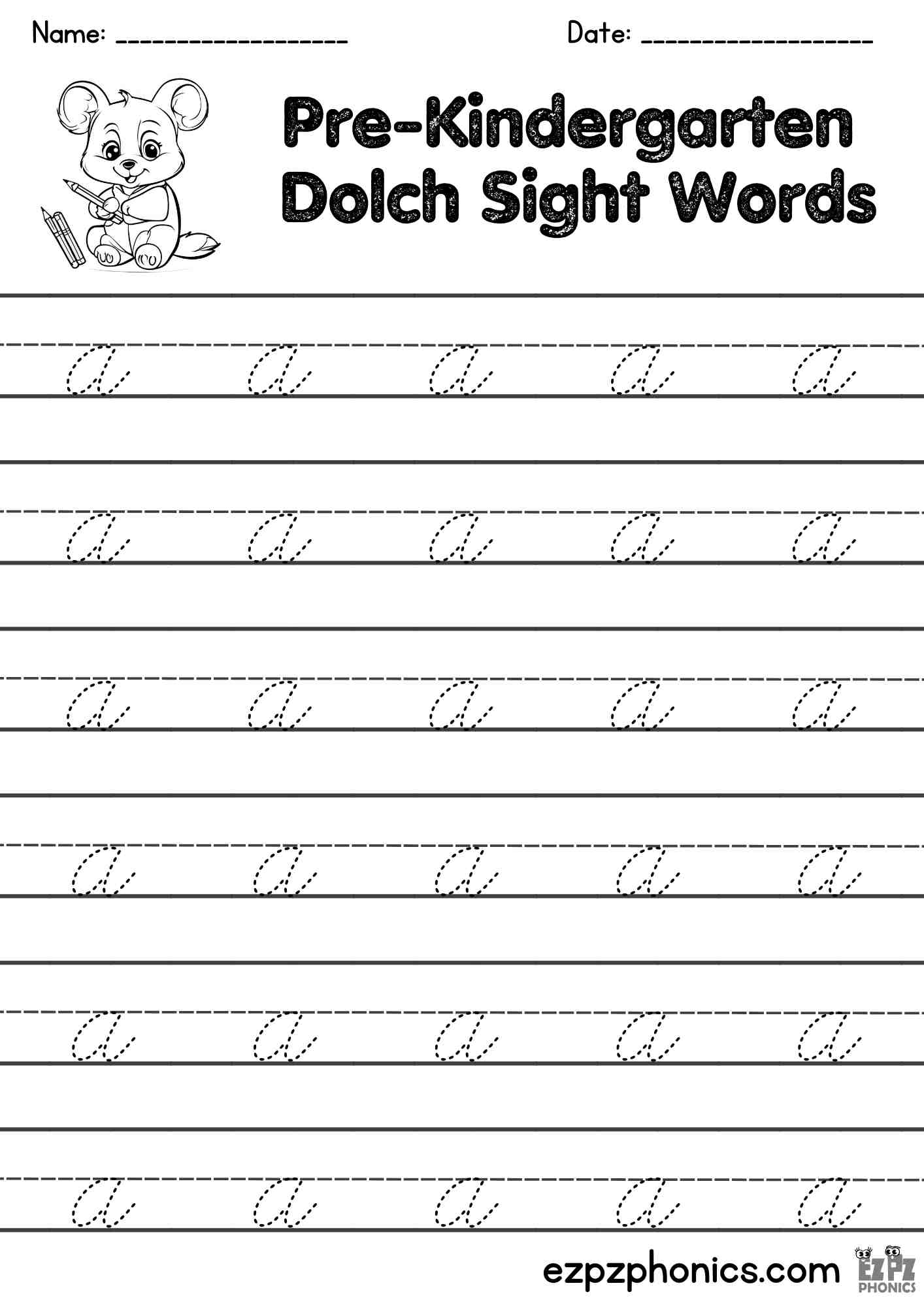 The Word a Cursive Writing Practice – Pre-K Dolch Sight Words | Free ...