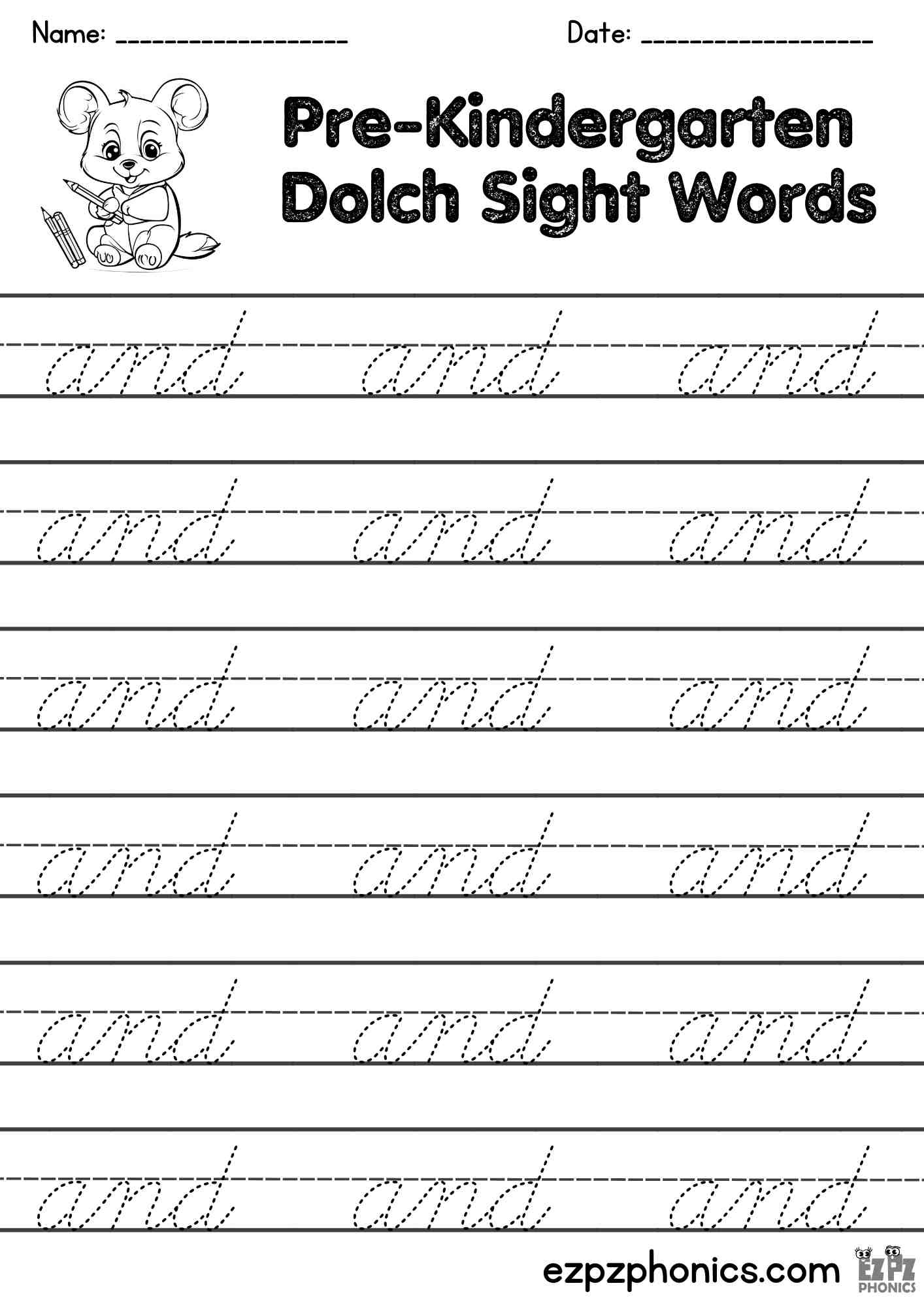 The Word and Cursive Writing Practice – Pre-K Dolch Sight Words | Free ...