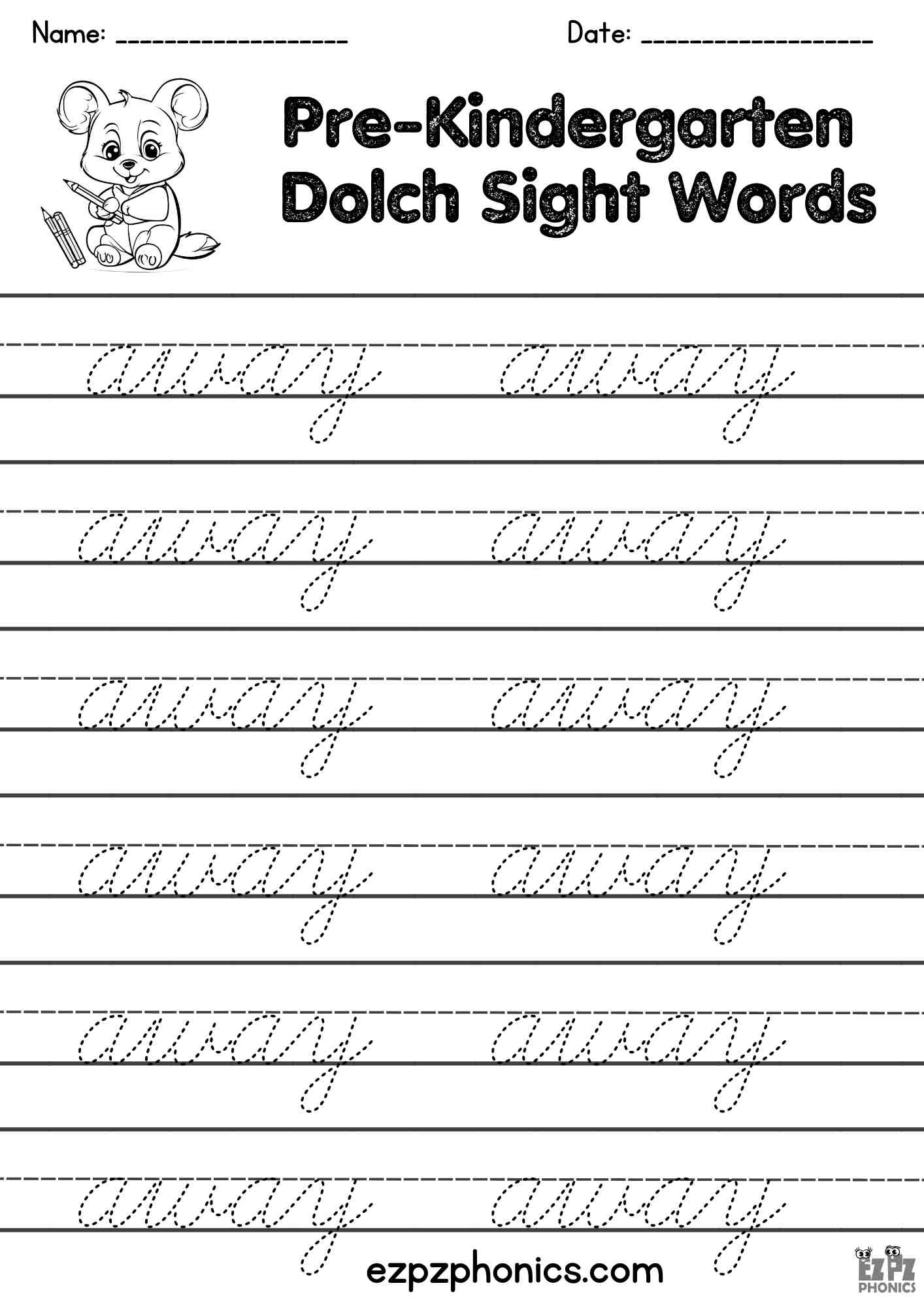 The Word Away Cursive Writing Practice – Pre-K Dolch Sight Words | Free ...