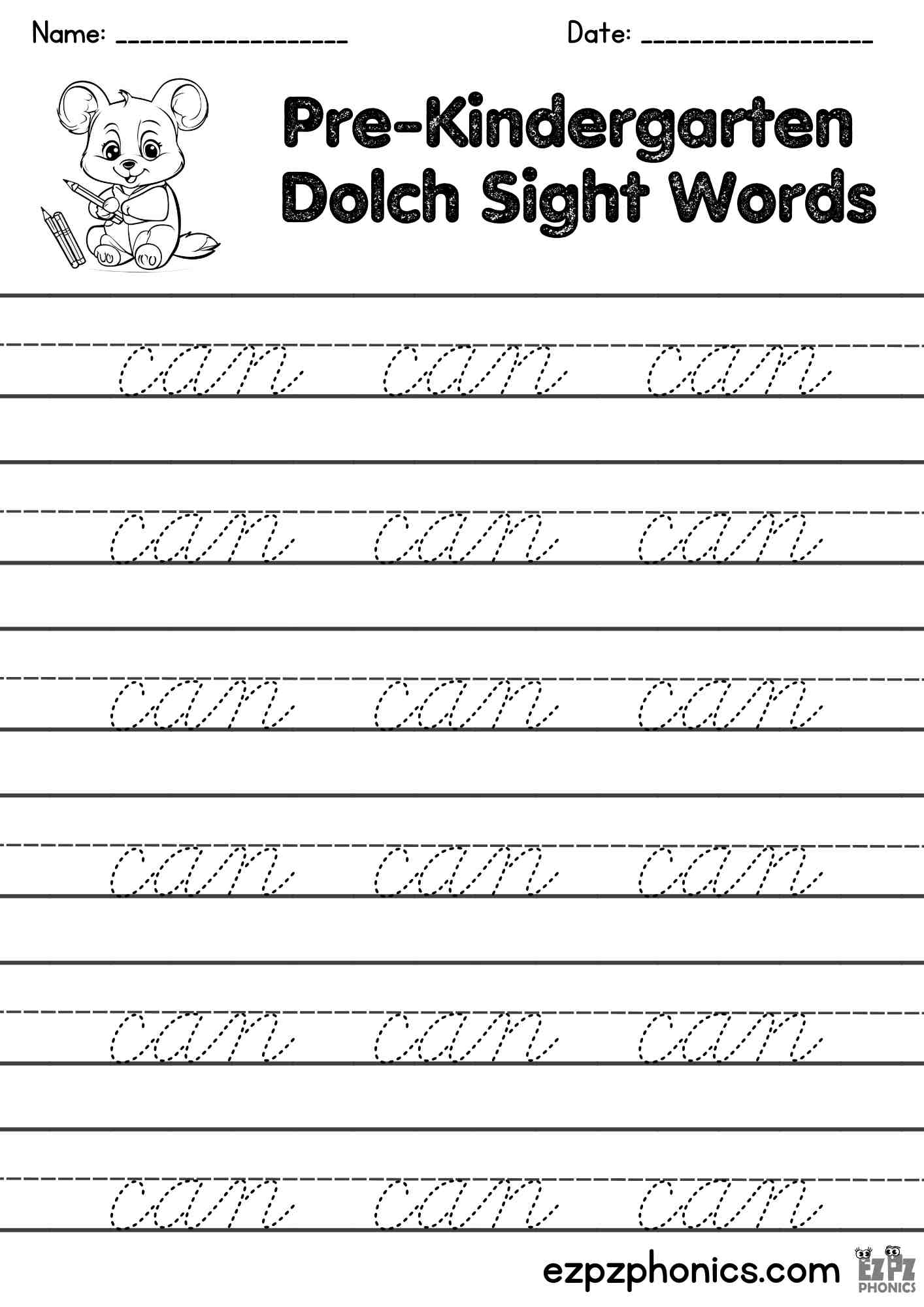 The Word Can Cursive Writing Practice – Pre-K Dolch Sight Words Free ...