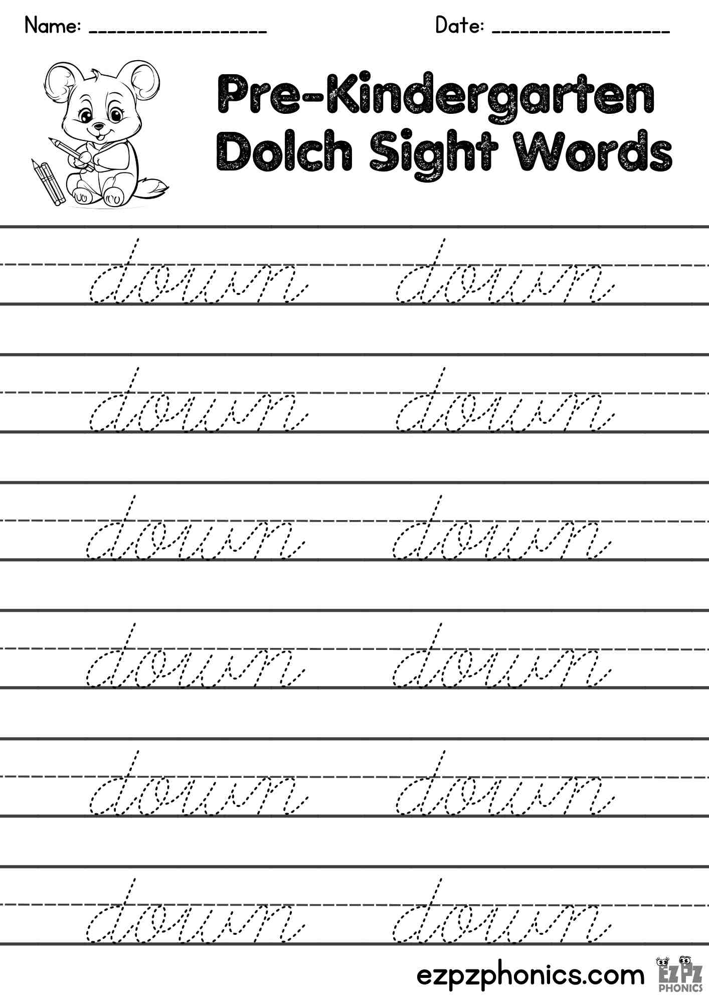 The Word Down Cursive Writing Practice – Pre-K Dolch Sight Words Free ...