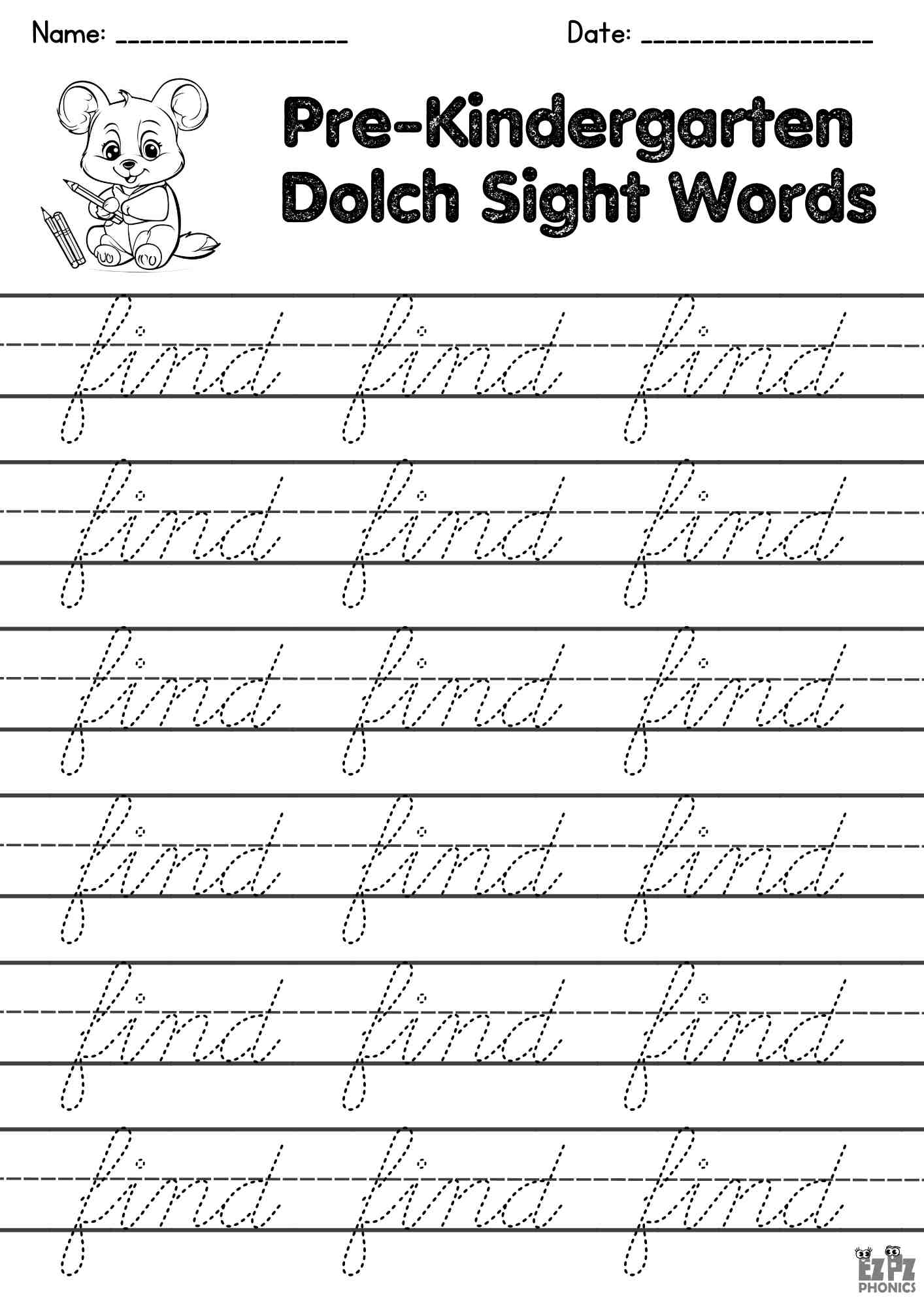 The Word Find Cursive Writing Practice – Pre-K Dolch Sight Words Free ...