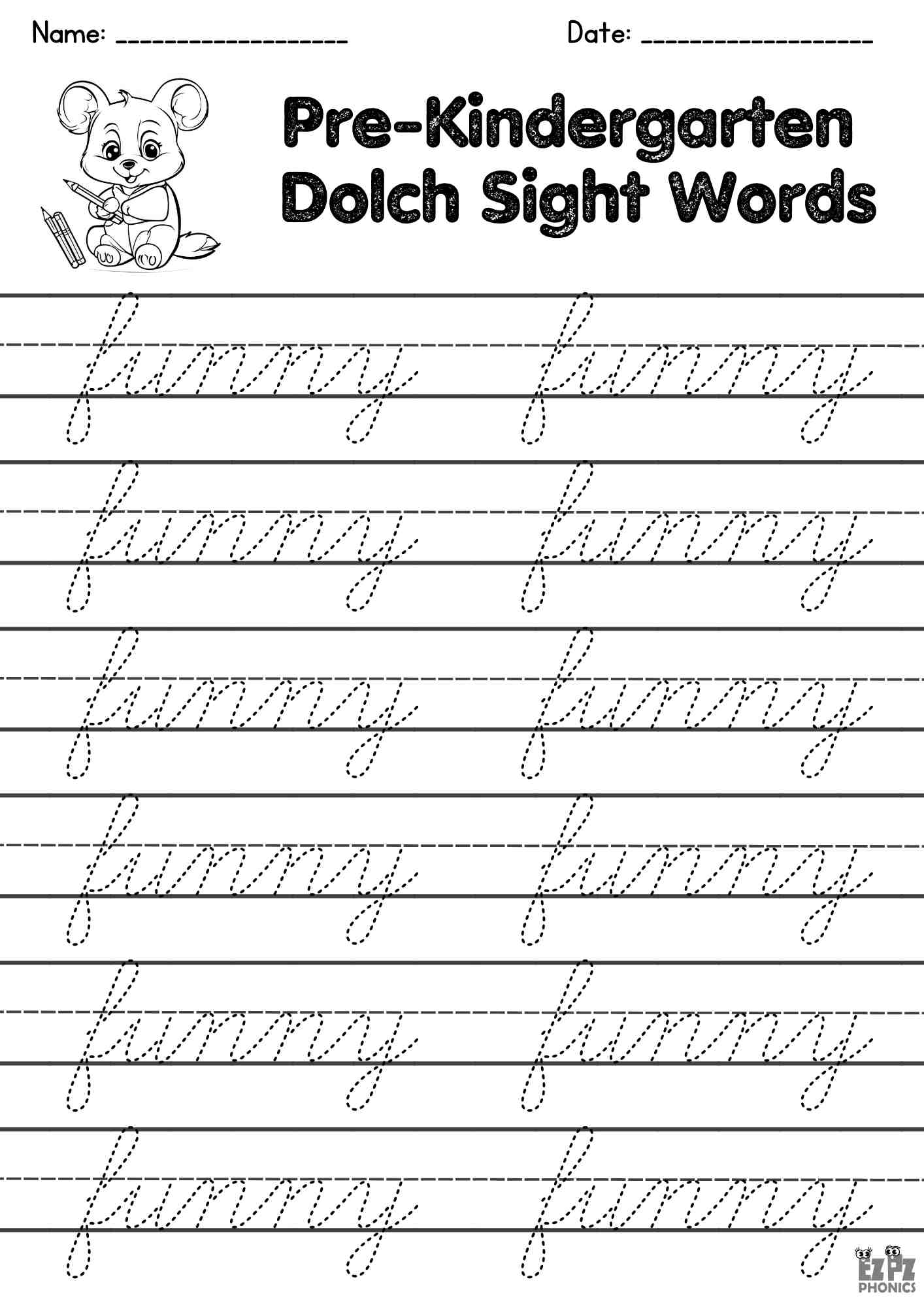 The Word Funny Cursive Writing Practice – Pre-K Dolch Sight Words Free ...
