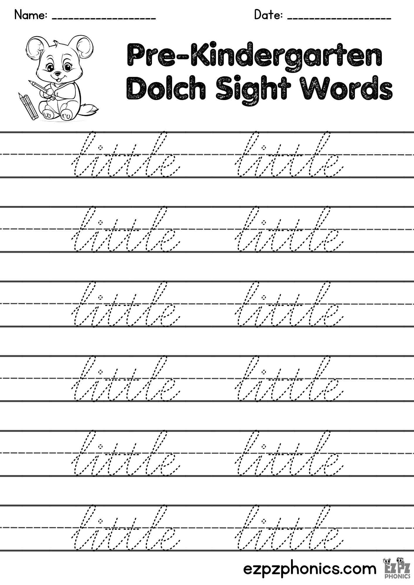 The Word Little Cursive Writing Practice – Pre-K Dolch Sight Words Free ...