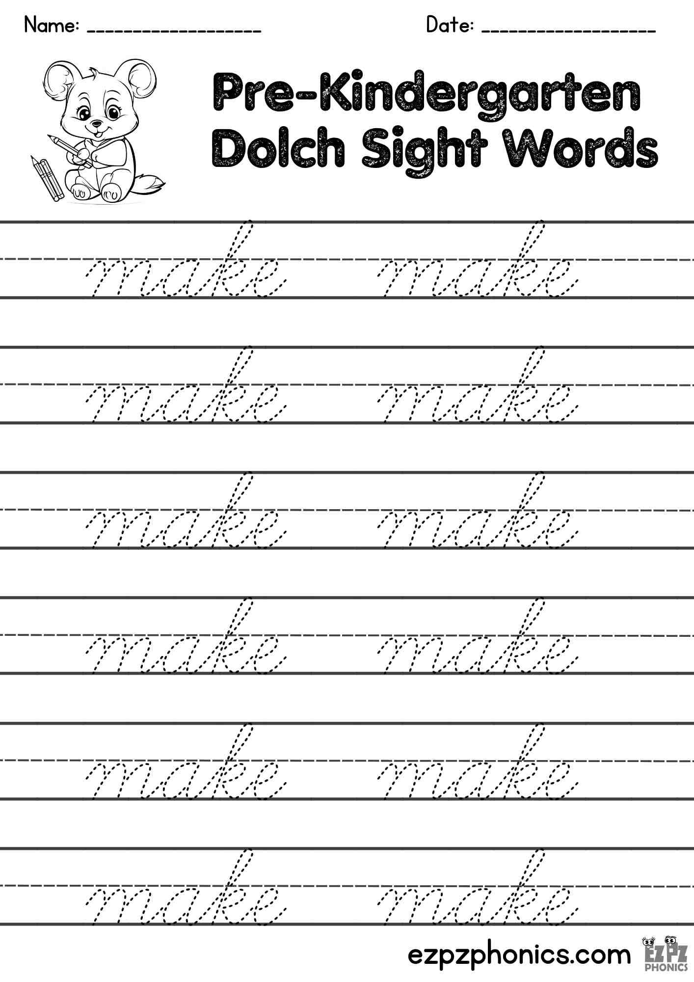 The Word Make Cursive Writing Practice – Pre-K Dolch Sight Words Free ...