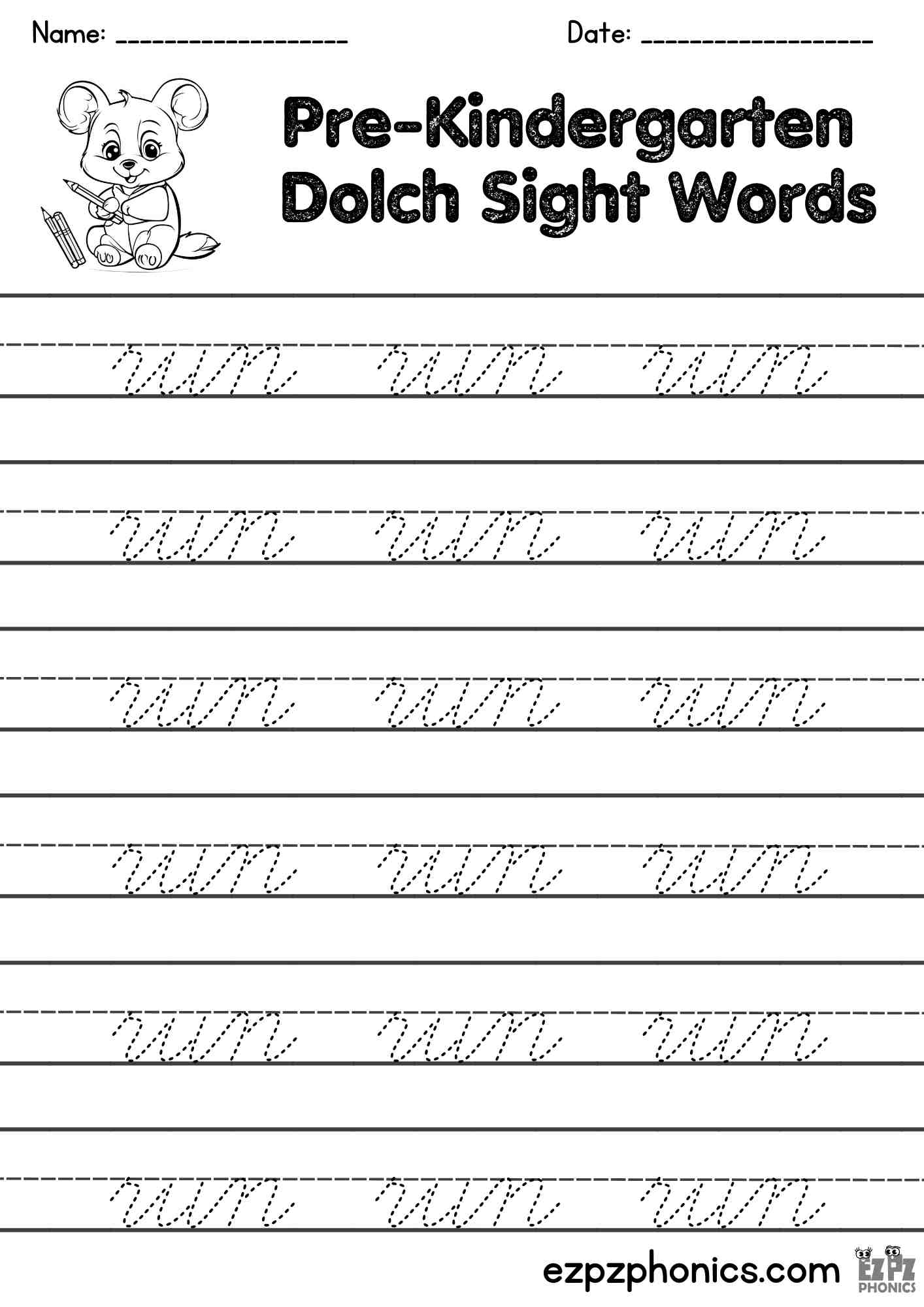 The Word Run Cursive Writing Practice – Pre-K Dolch Sight Words Free ...