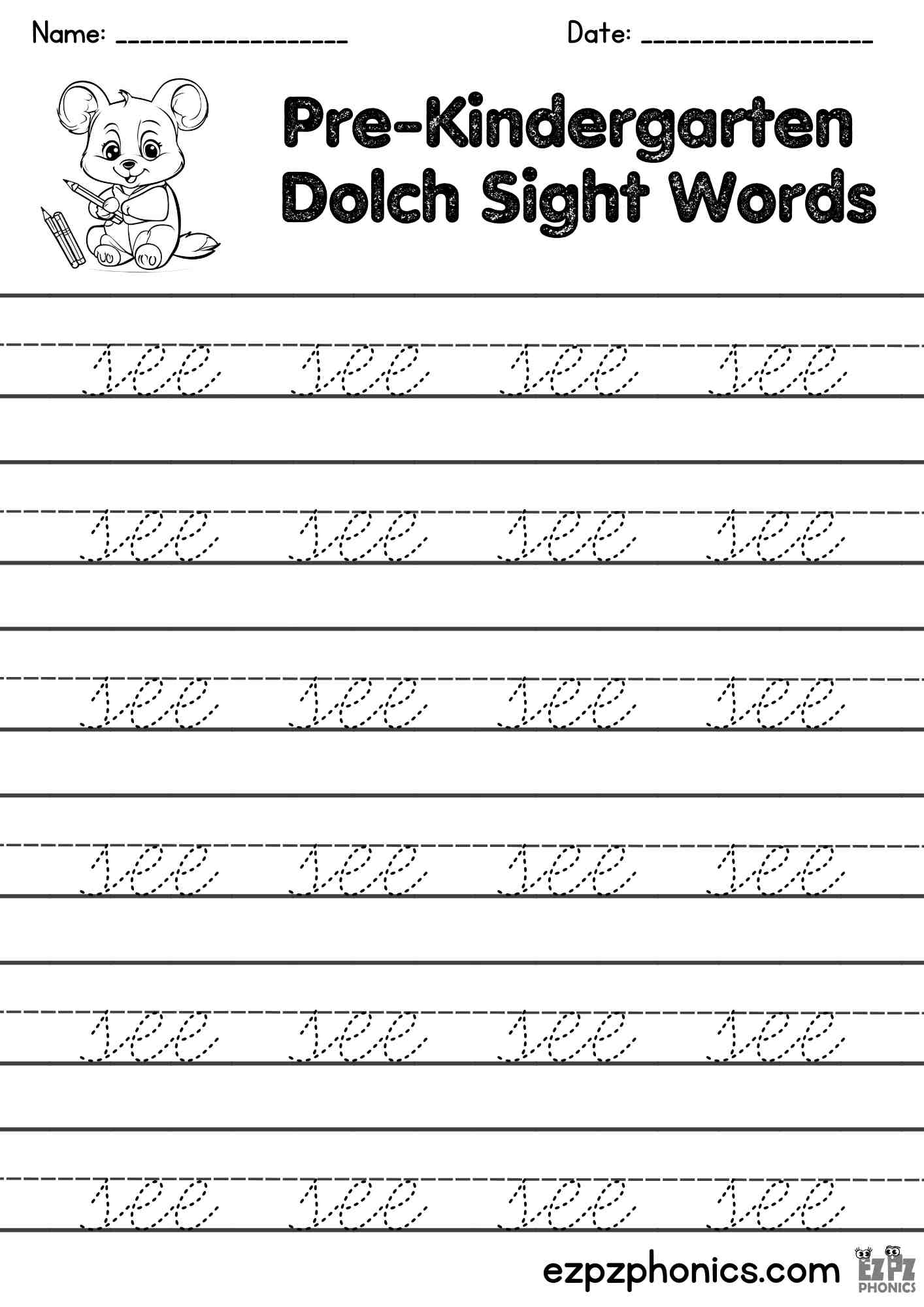 The Word See Cursive Writing Practice – Pre-K Dolch Sight Words Free ...